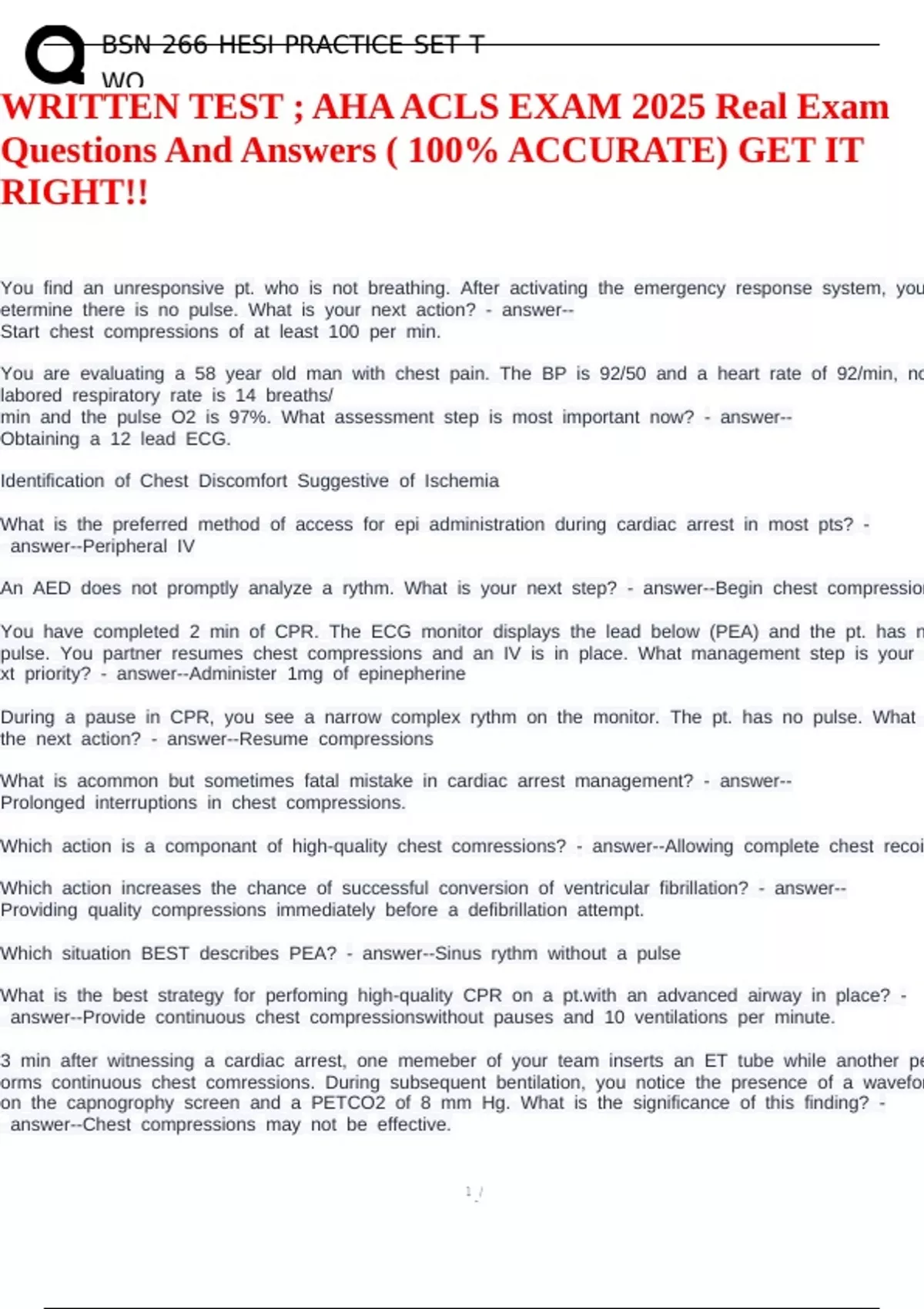 WRITTEN TEST ; AHA ACLS EXAM 2025 Real Exam Questions And Answers ( 100 ...