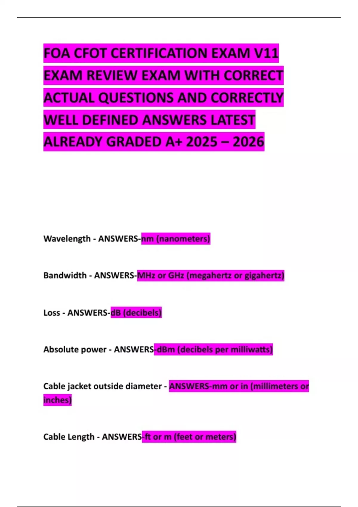 FOA CFOT CERTIFICATION EXAM V11 EXAM REVIEW EXAM WITH CORRECT ACTUAL QUESTIONS AND CORRECTLY ...