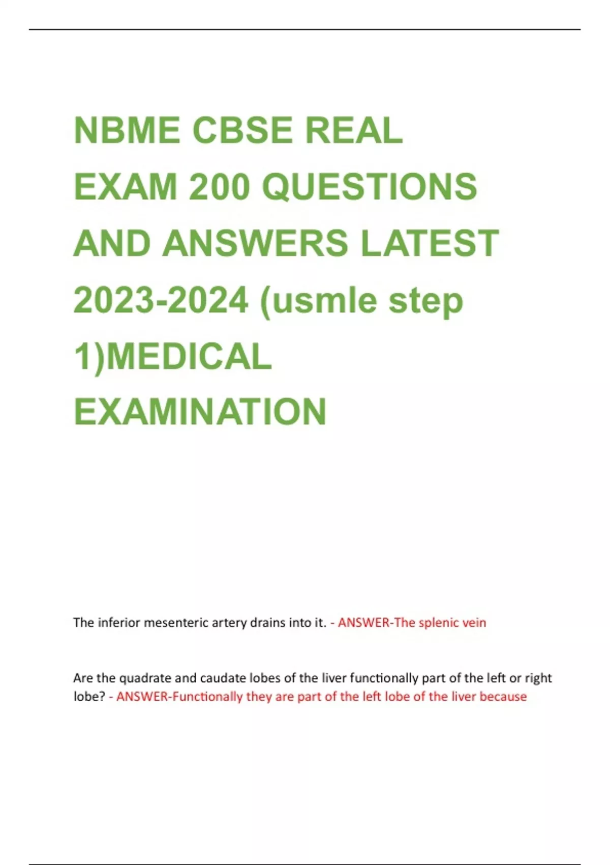 NBME CBSE REAL EXAM 200 QUESTIONS AND ANSWERS LATEST (usmle step 1 ...
