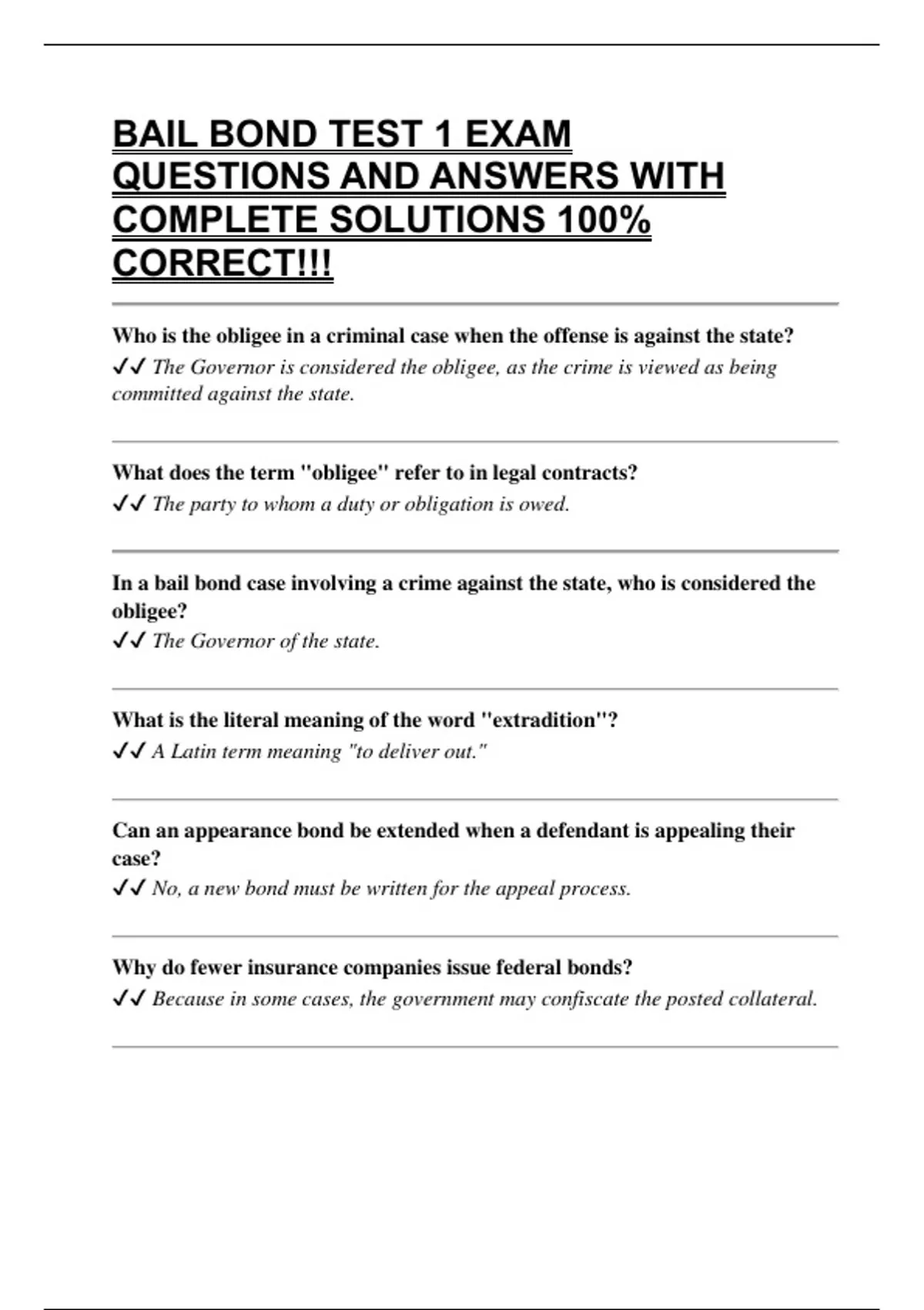 BAIL BOND TEST 1 EXAM QUESTIONS AND ANSWERS WITH COMPLETE SOLUTIONS 100 ...