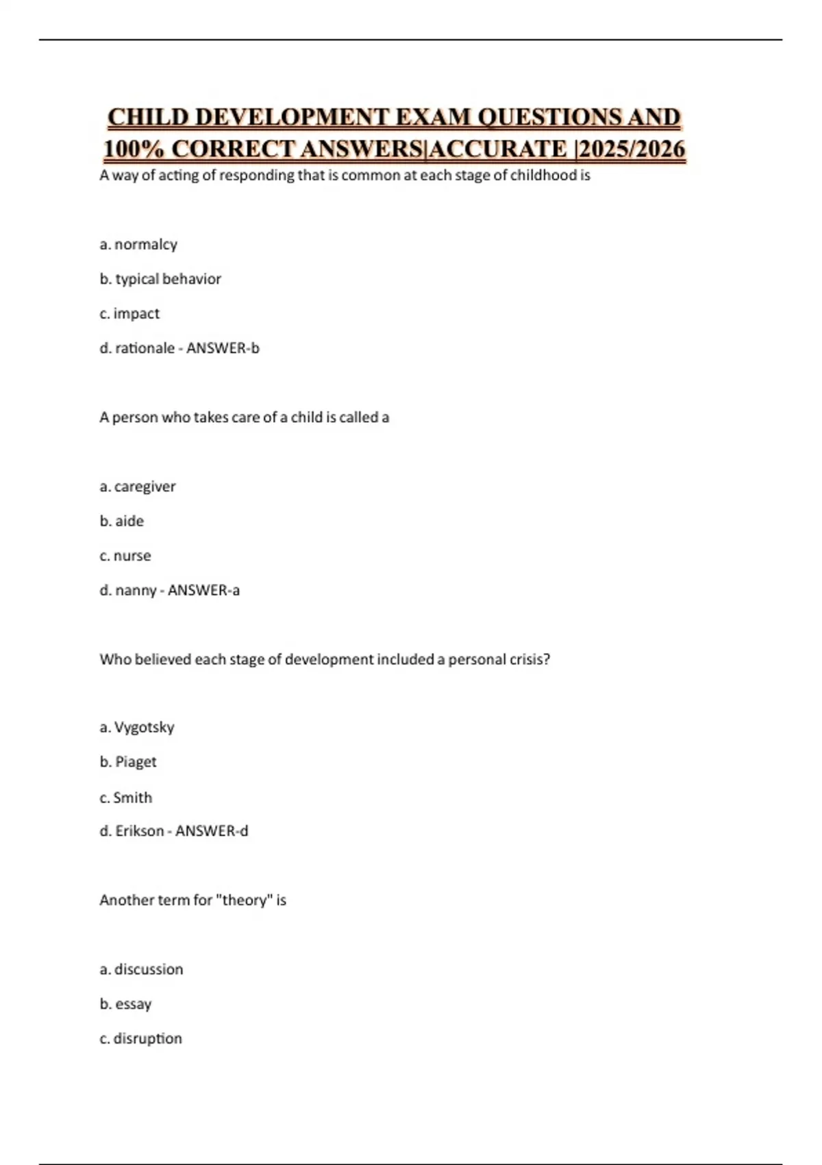 CHILD DEVELOPMENT EXAM QUESTIONS AND 100% CORRECT ANSWERS|ACCURATE ...