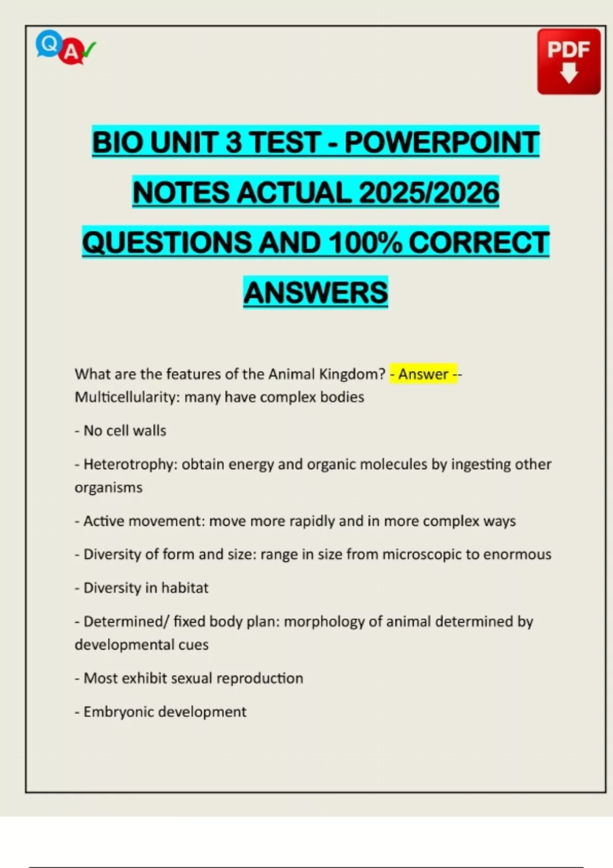 BIO UNIT 3 TEST - POWERPOINT NOTES ACTUAL 2025/2026 QUESTIONS AND 100% ...