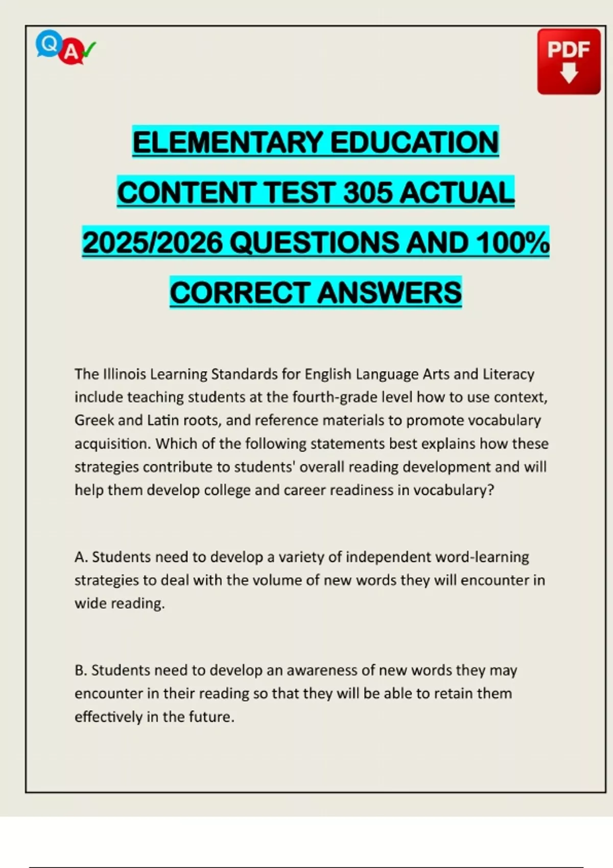 ELEMENTARY EDUCATION CONTENT TEST 305 ACTUAL 2025/2026 QUESTIONS AND ...