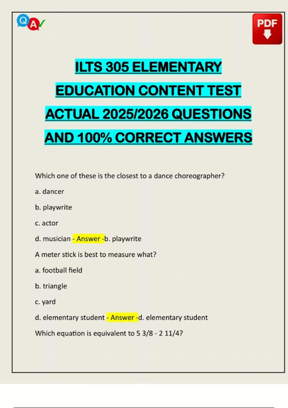 ILTS 305 ELEMENTARY EDUCATION CONTENT TEST ACTUAL 2025/2026 QUESTIONS ...