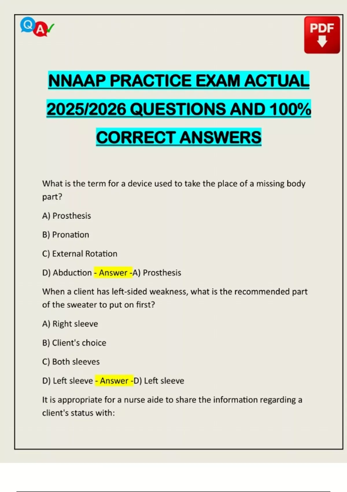NNAAP PRACTICE EXAM ACTUAL 2025/2026 QUESTIONS AND 100% CORRECT ANSWERS ...