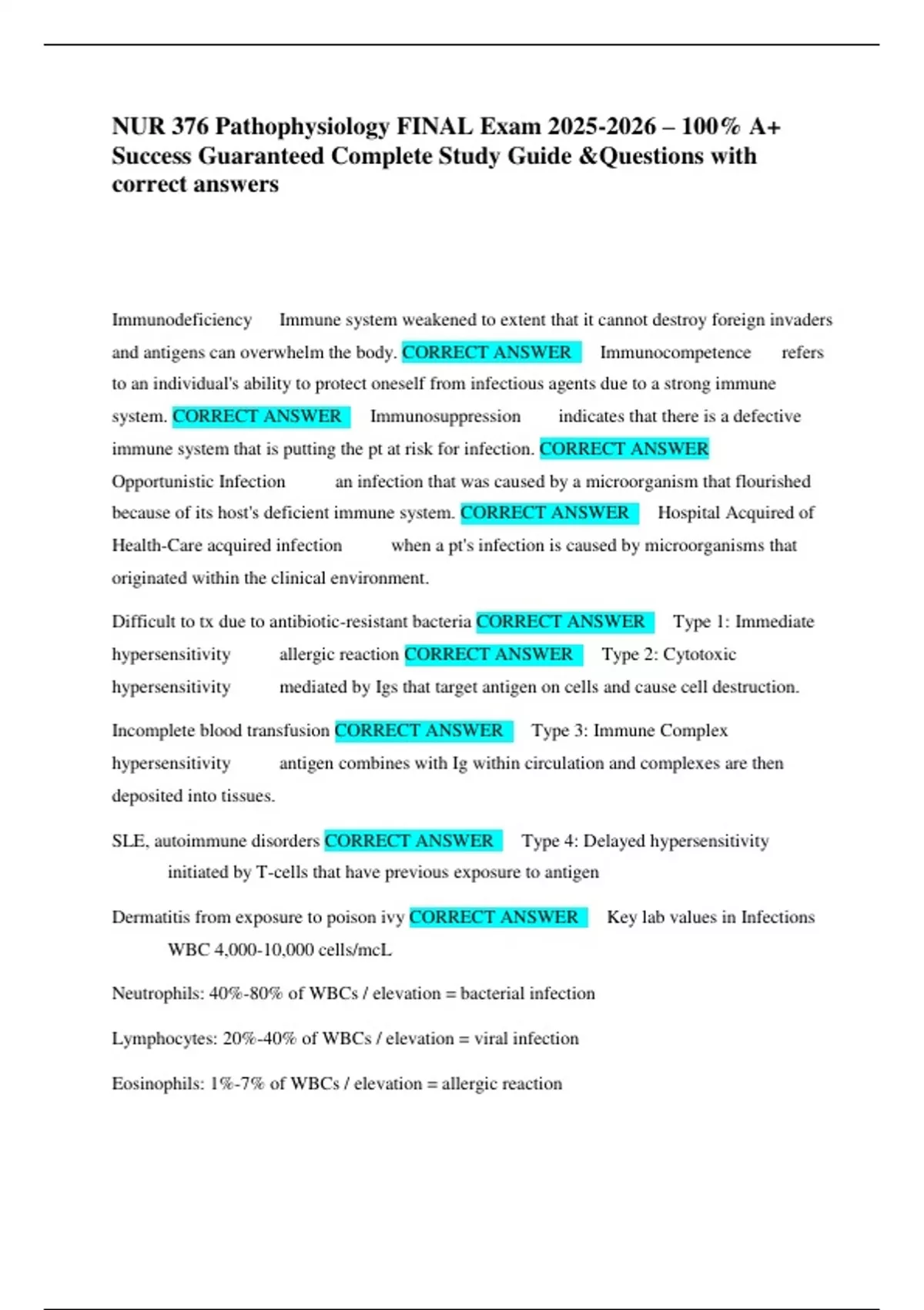 NUR 376 Pathophysiology FINAL Exam – 100- A+ Success Guaranteed ...