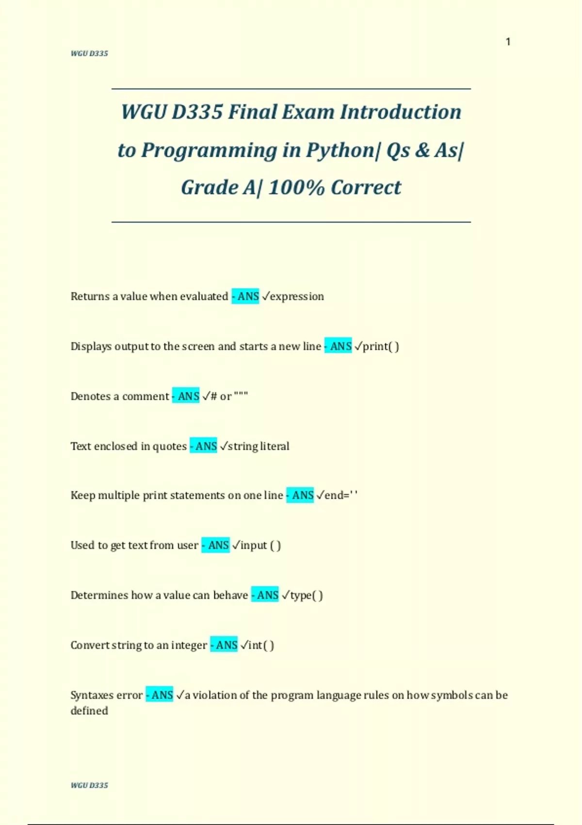 WGU D335 Final Exam Introduction to Programming in Python| Qs & As| Grade A| 100% Correct - WGU ...
