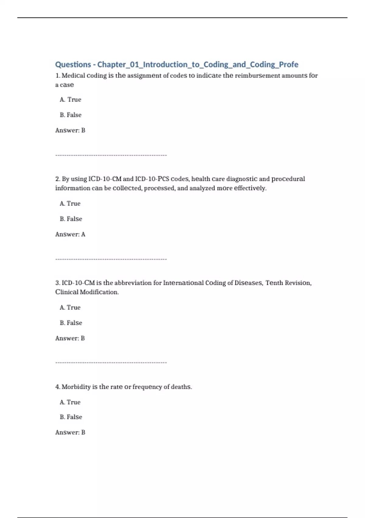 test bank, practice questions: Understanding ICD-10-CM and ICD-10-PCS A ...