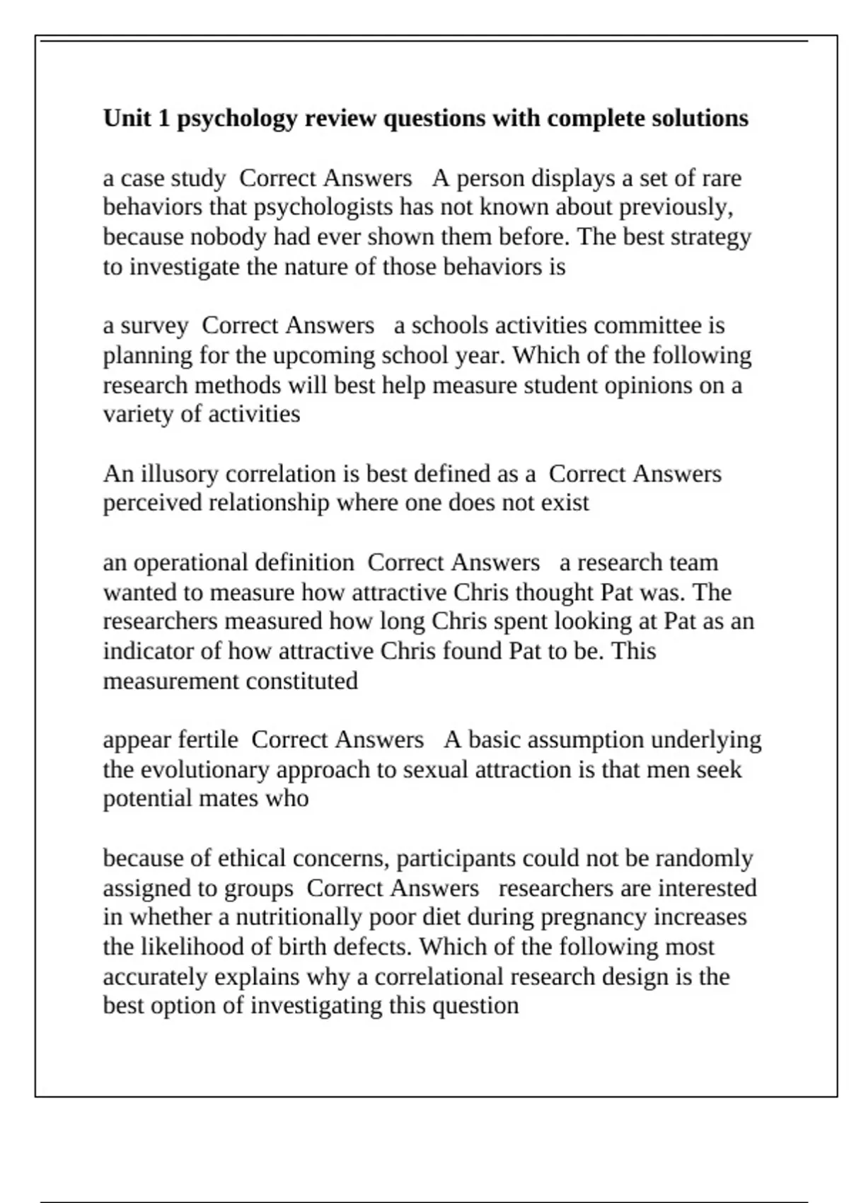 Unit 1 psychology review questions with complete solutions - Psychology ...