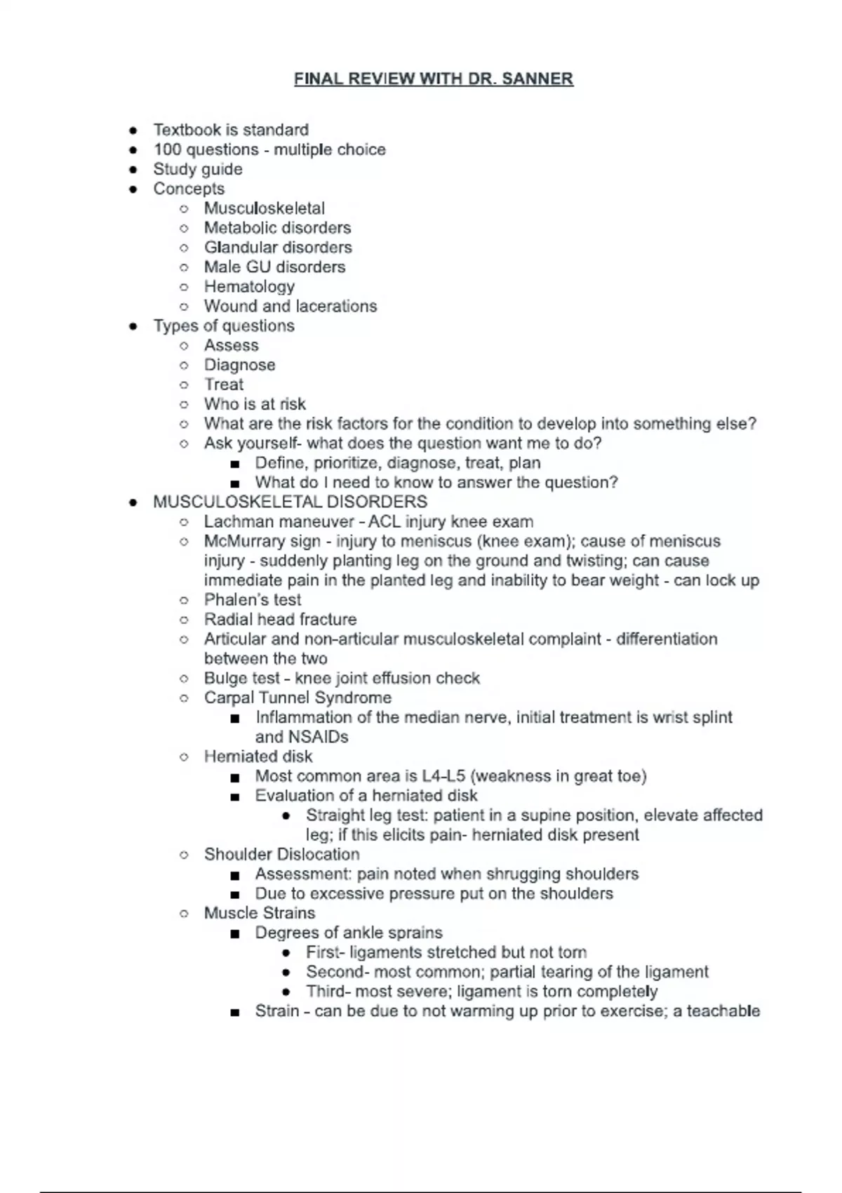 NR511 Final Review with Dr. Sanner Course Differential Diagnosis ...