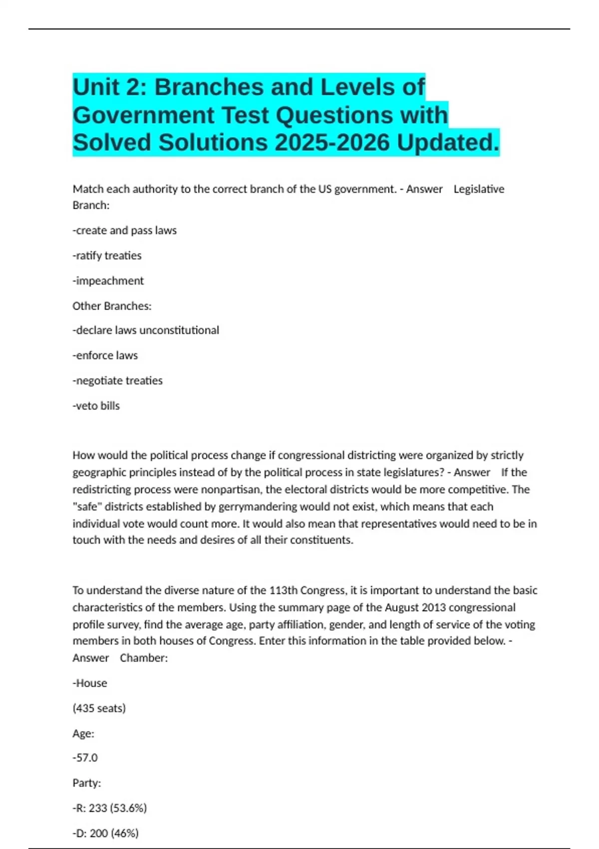 Unit 2: Branches and Levels of Government Test Questions with Solved ...
