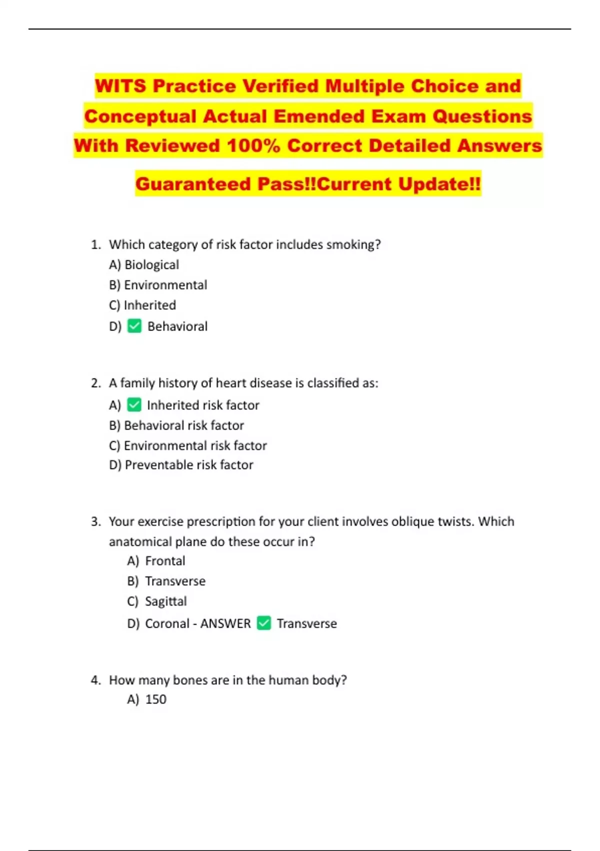 WITS Practice Verified Multiple Choice and Conceptual Actual Emended Exam Questions With ...