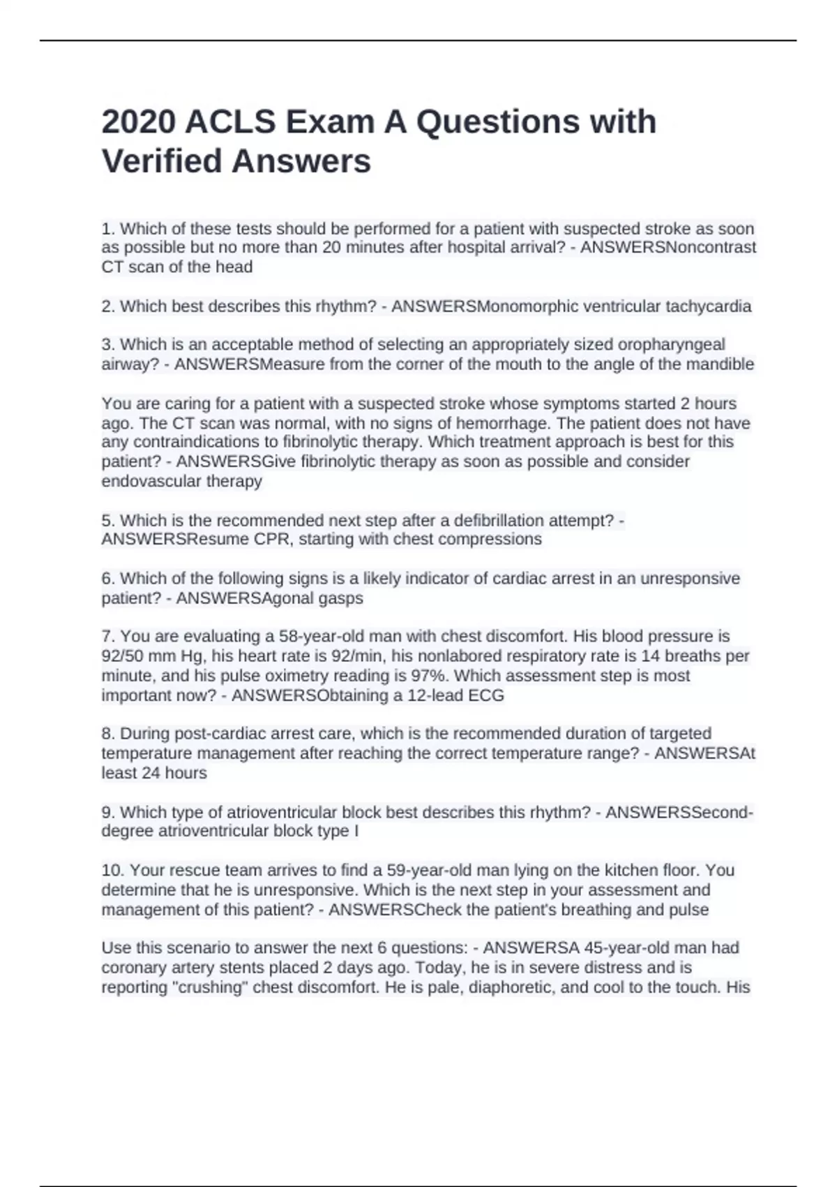 2020 ACLS Exam A Questions with Verified Answers - 2020 ACLS - Stuvia US