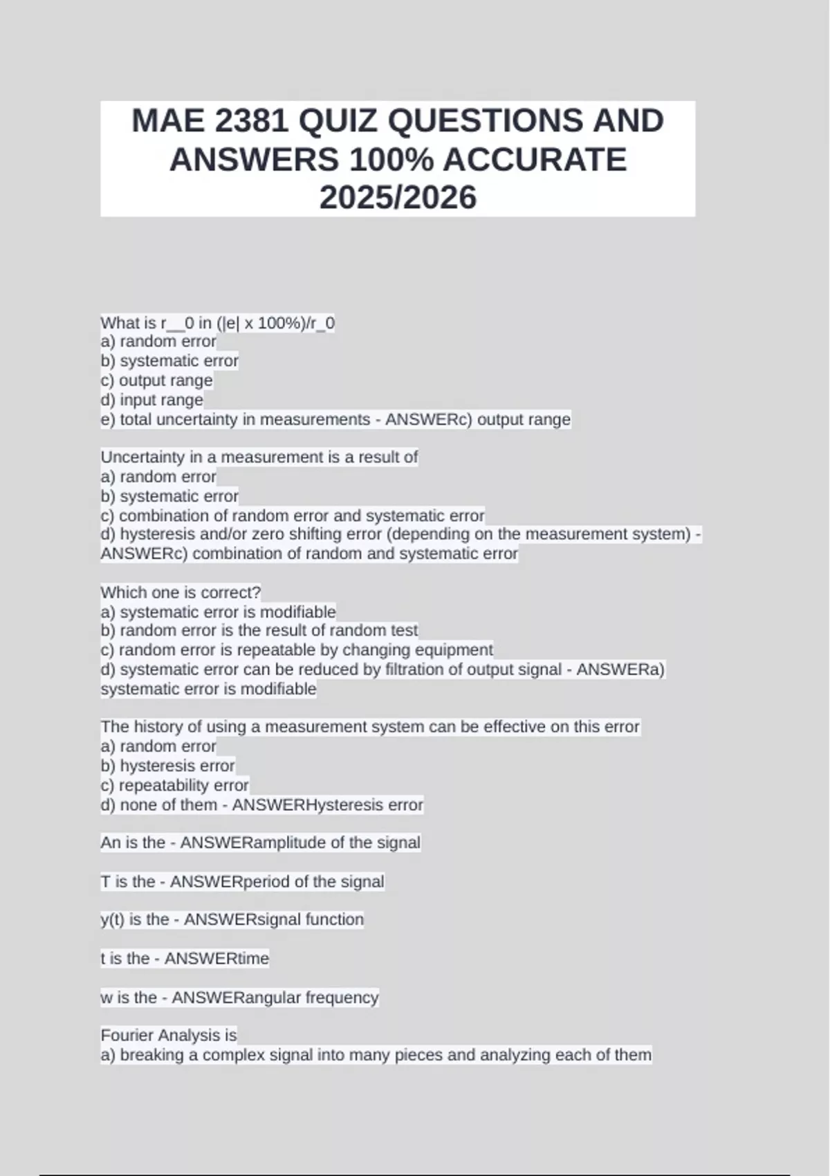 MAE 2381 QUIZ QUESTIONS AND ANSWERS 100% ACCURATE 2025/2026 - MAE 2381 ...