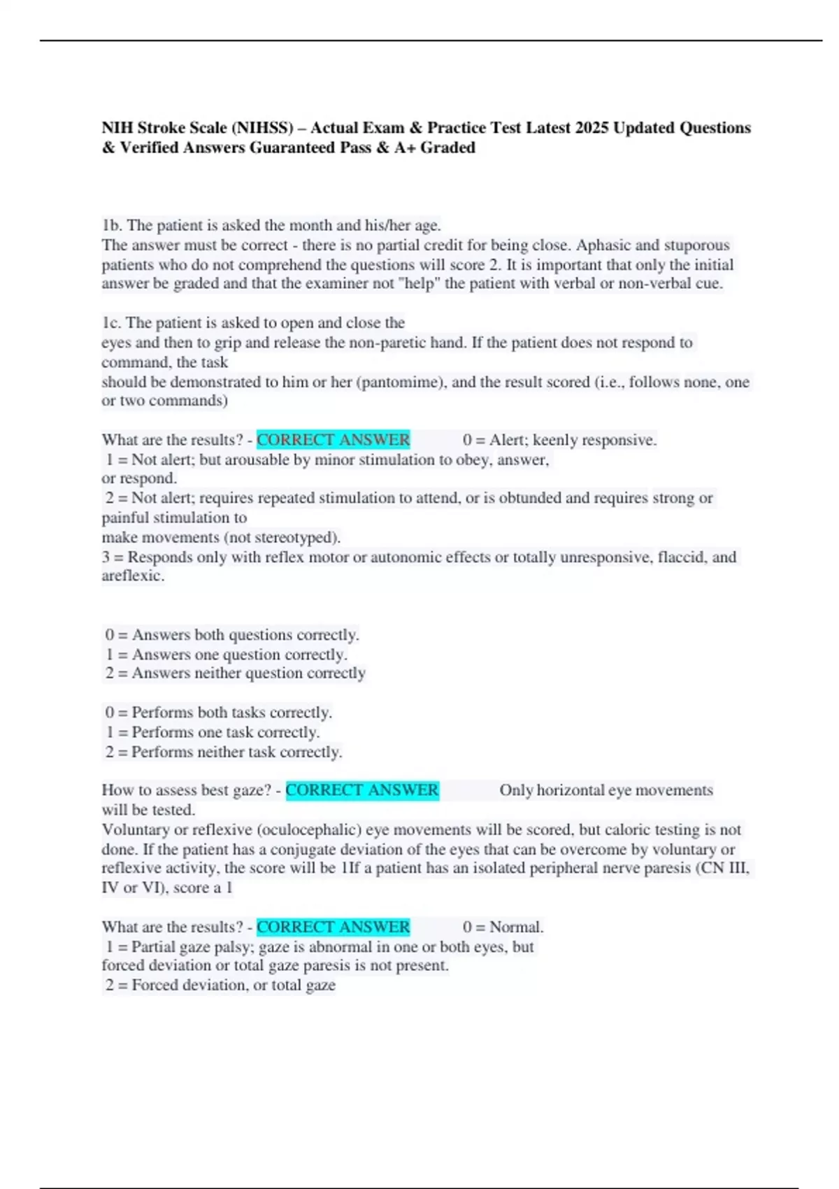 NIH Stroke Scale (NIHSS) – Actual Exam & Practice Test | Latest 2025 ...