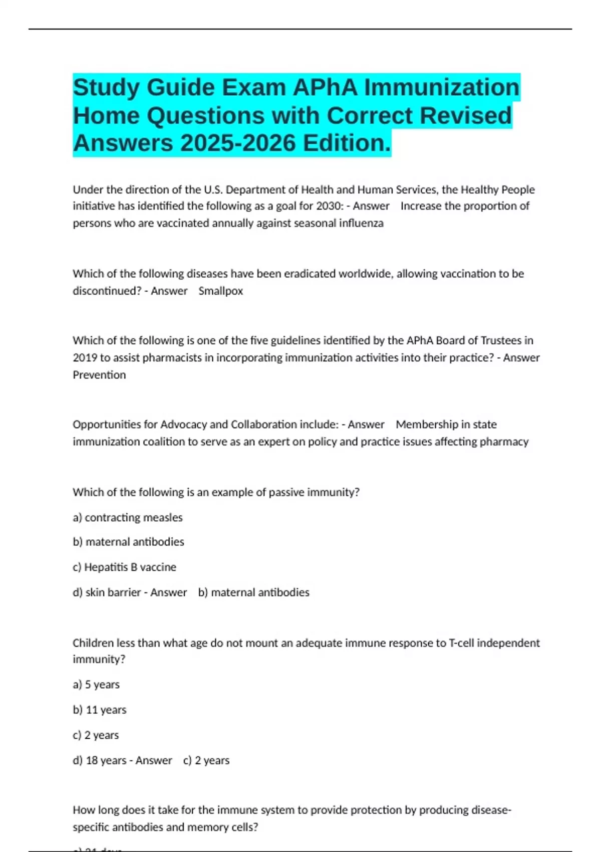 Study Guide Exam APhA Immunization Home Questions with Correct Revised ...