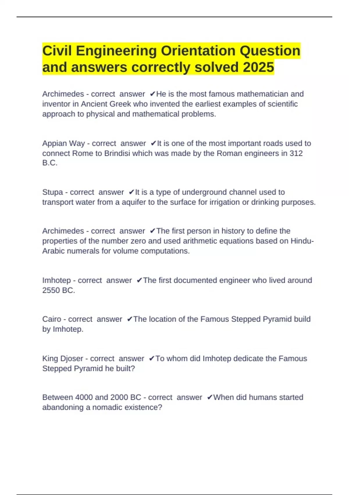Civil Engineering Orientation Question and answers correctly solved ...