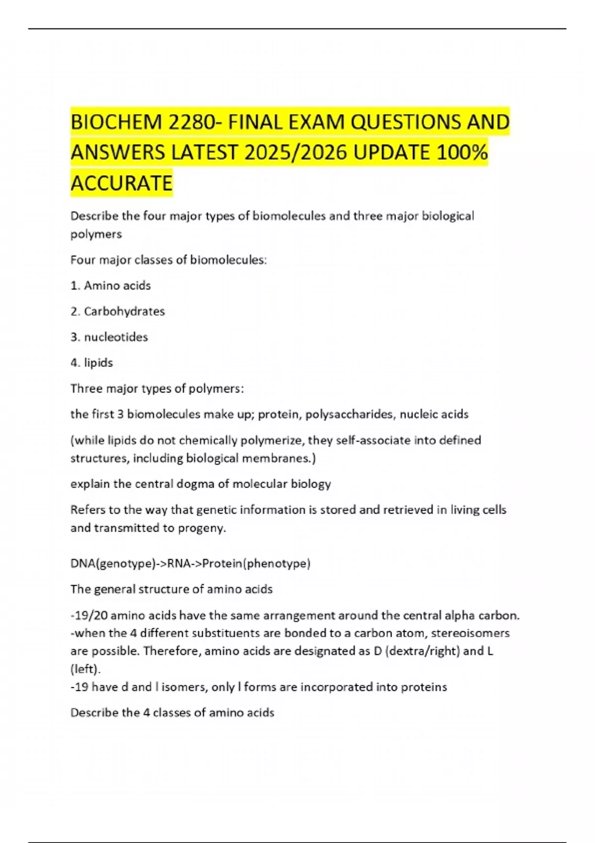 BIOCHEM 2280- FINAL EXAM QUESTIONS AND ANSWERS LATEST 2025/2026 UPDATE ...