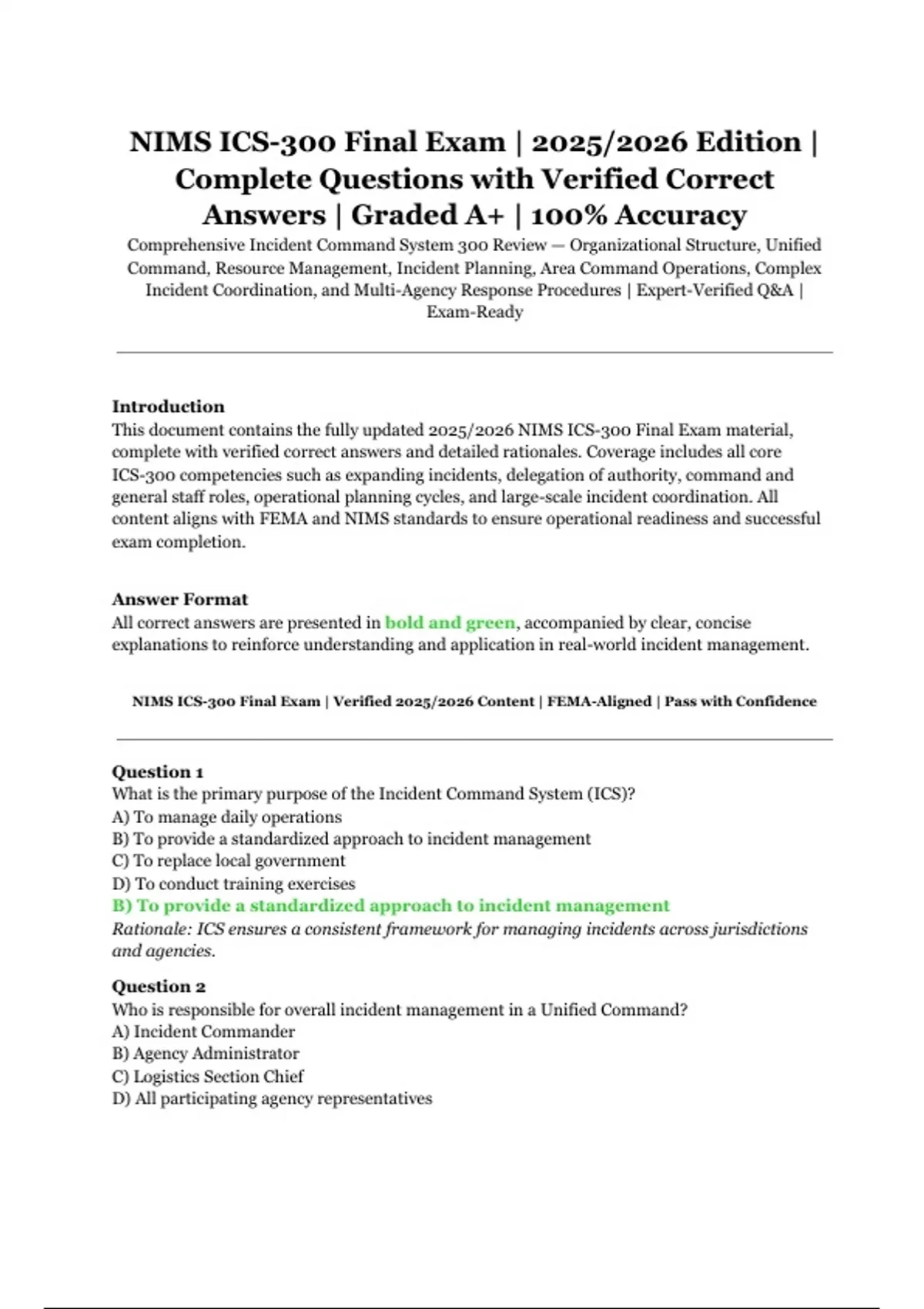 NIMS ICS-300 Final Exam 2025/2026 – Complete Questions with Verified ...