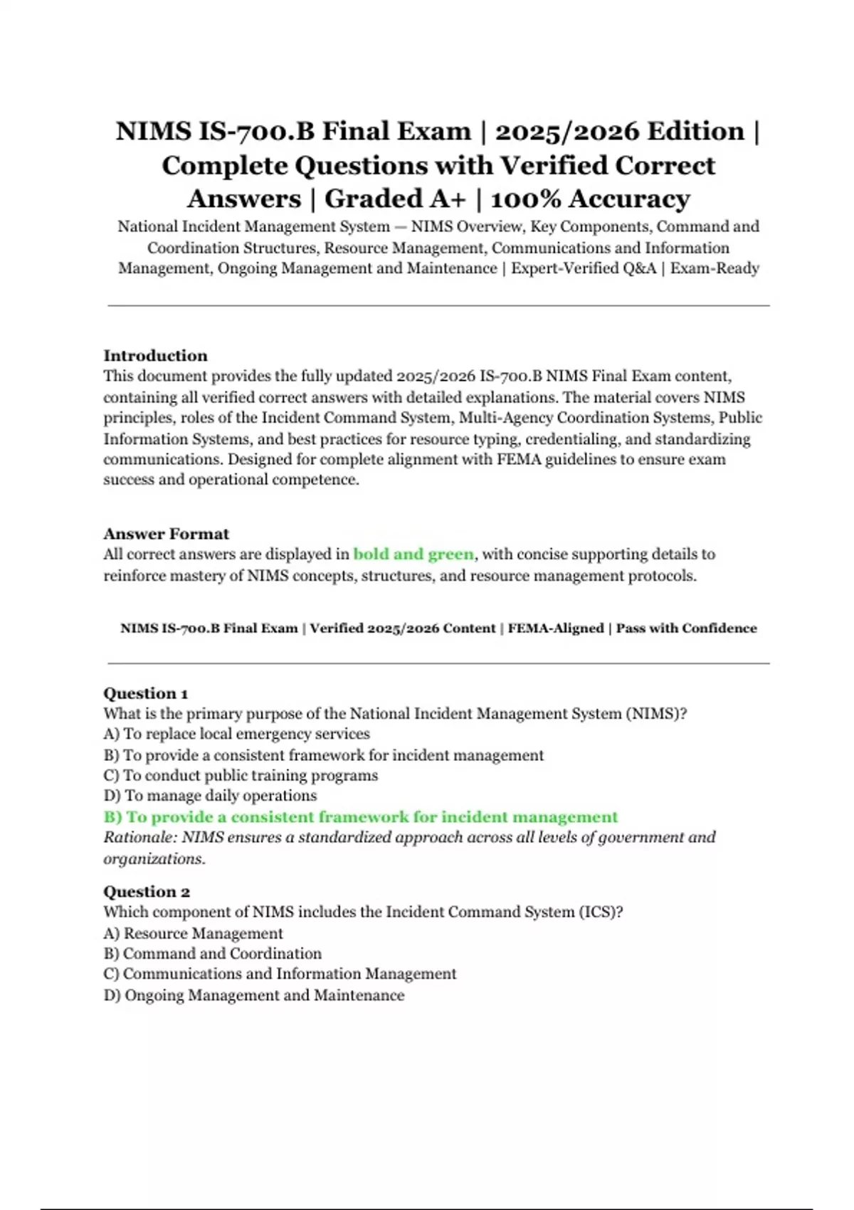 NIMS IS-700.B Final Exam 2025/2026 – Complete Questions with Verified ...