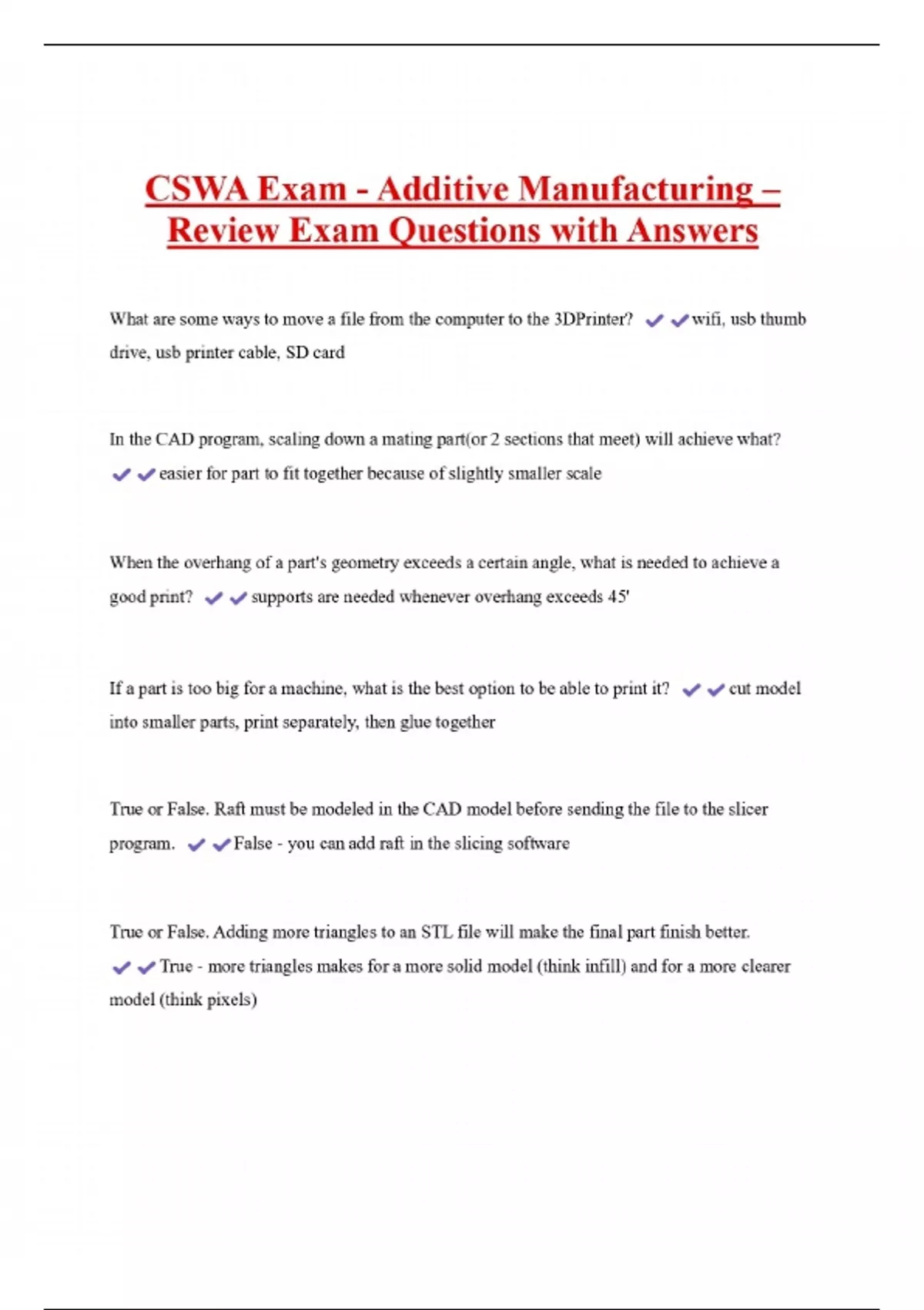 CSWA Exam - Additive Manufacturing – Review Exam Questions with Answers ...