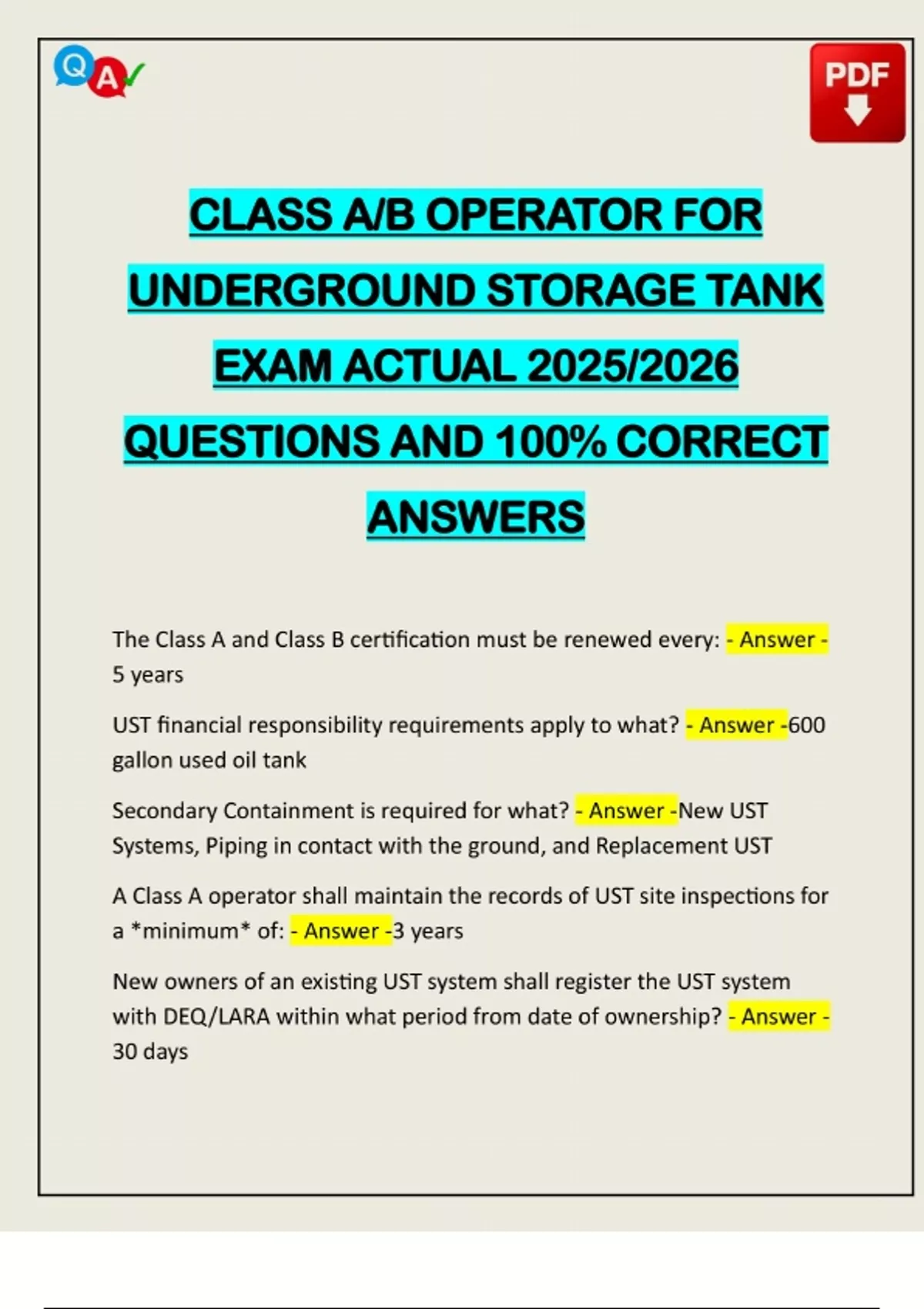 CLASS A/B OPERATOR FOR UNDERGROUND STORAGE TANK EXAM ACTUAL 2025/2026 ...