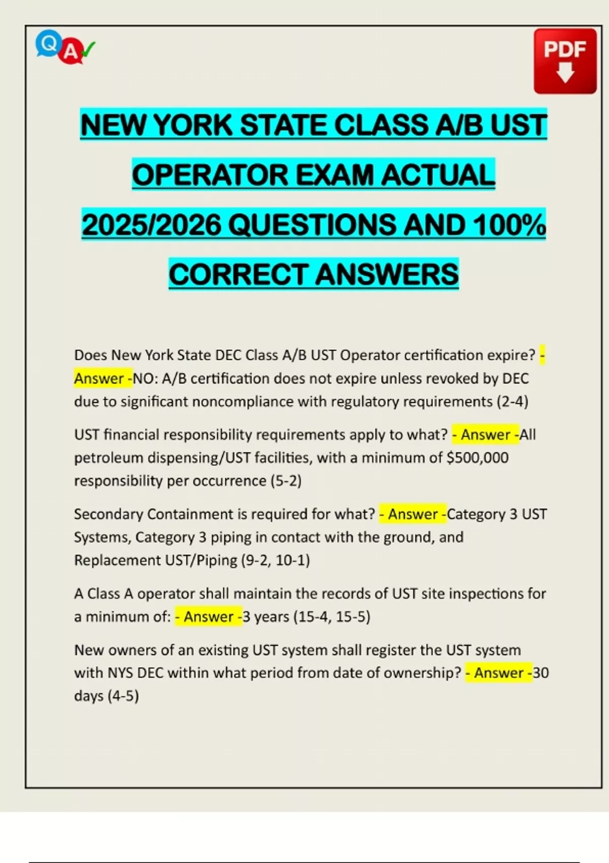NEW YORK STATE CLASS A/B UST OPERATOR EXAM ACTUAL 2025/2026 QUESTIONS ...