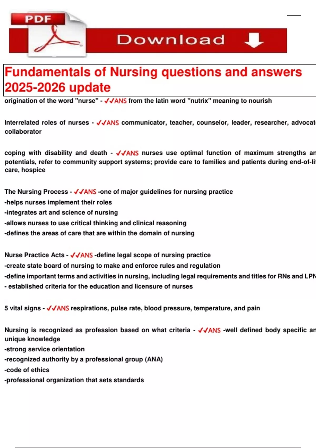 Fundamentals of Nursing questions and answers update - LVN - fundamentals of nursing - Stuvia US