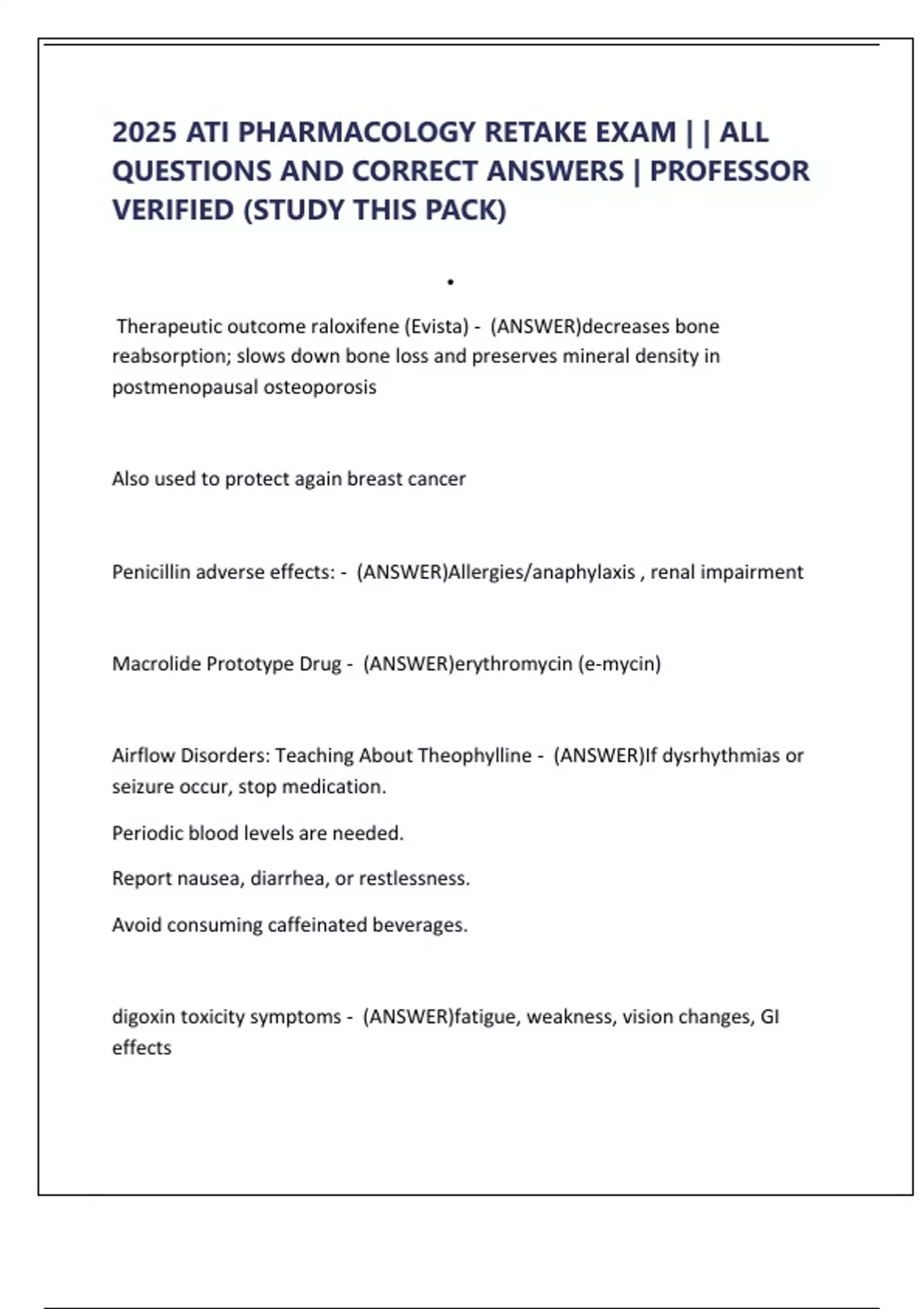 2025 ATI PHARMACOLOGY RETAKE EXAM | | ALL QUESTIONS AND CORRECT ANSWERS ...