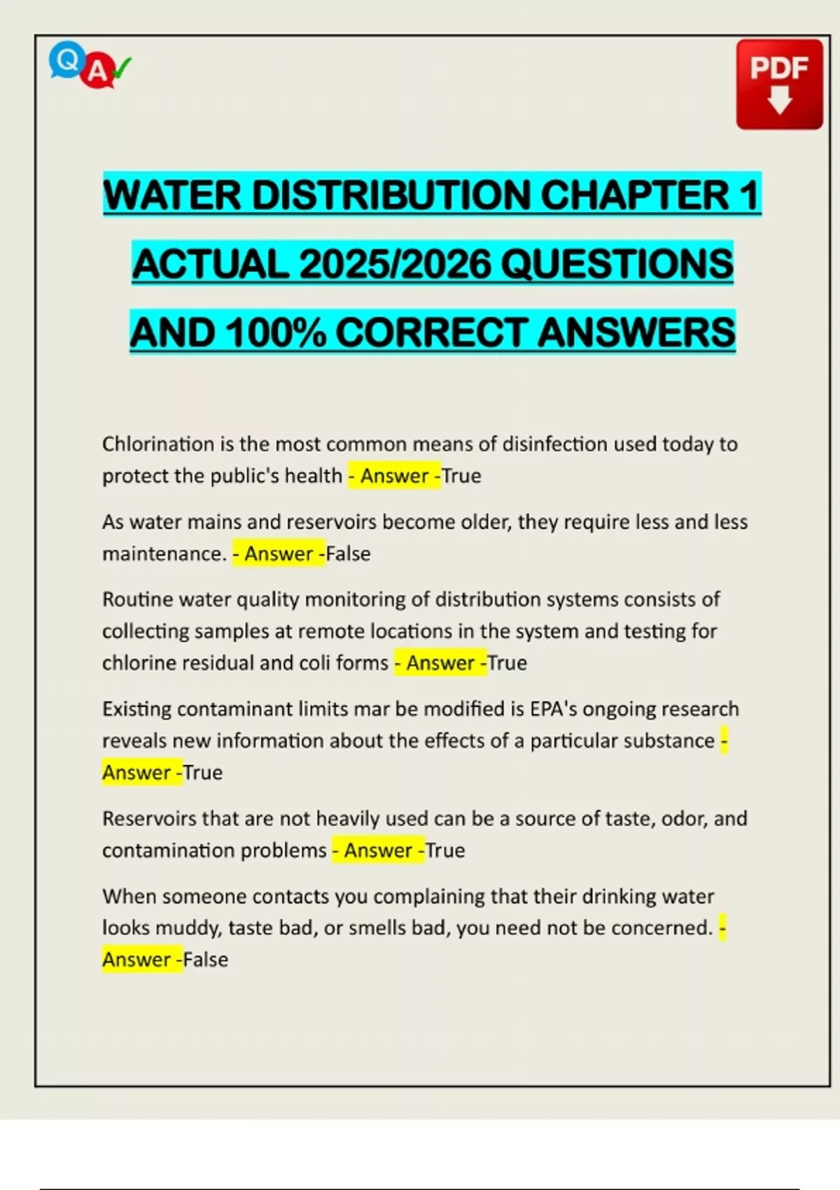 WATER DISTRIBUTION CHAPTER 1 ACTUAL 2025/2026 QUESTIONS AND 100% ...