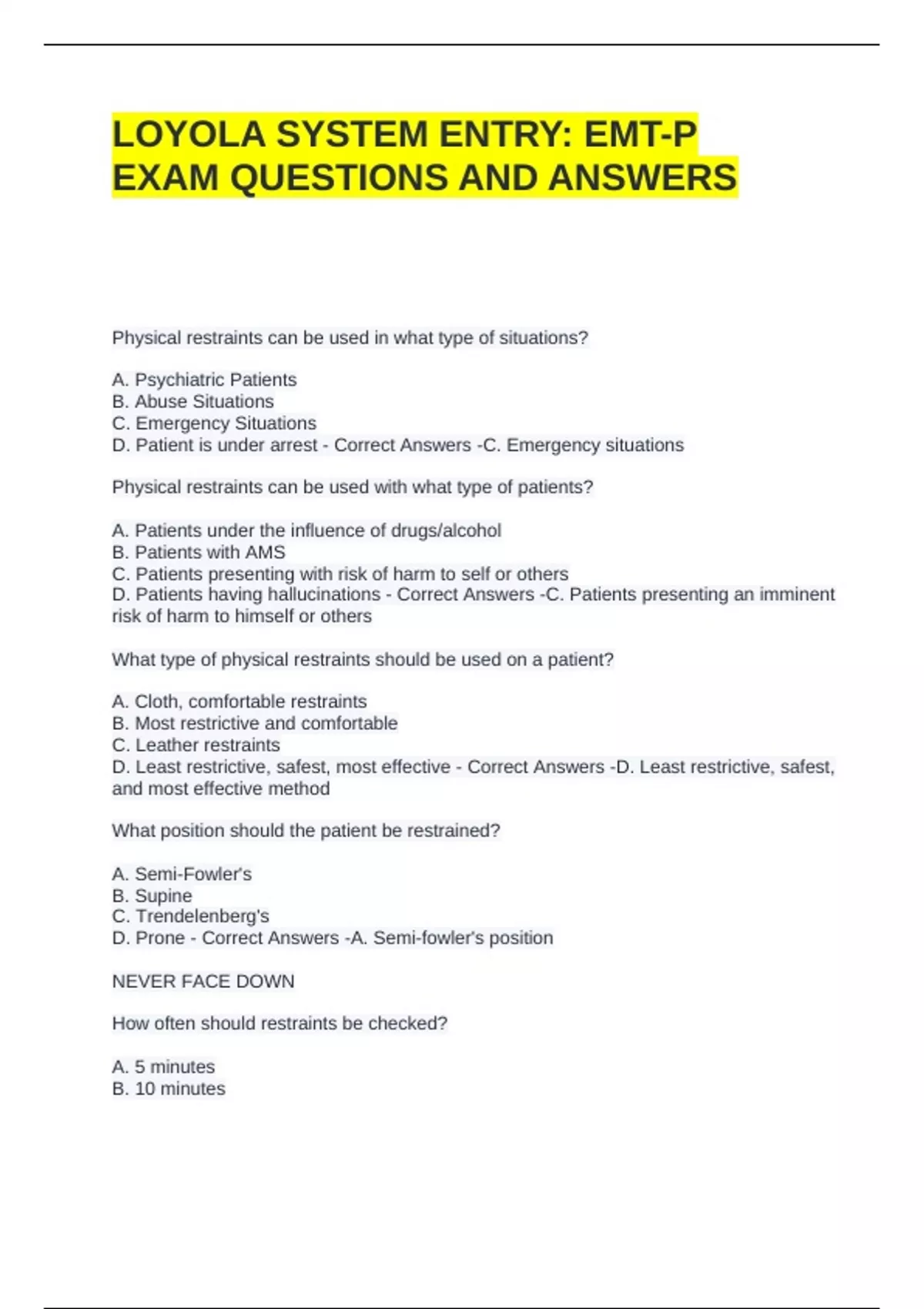 LOYOLA SYSTEM ENTRY EMT-P EXAM QUESTIONS AND ANSWERS - Loyola EMS ...