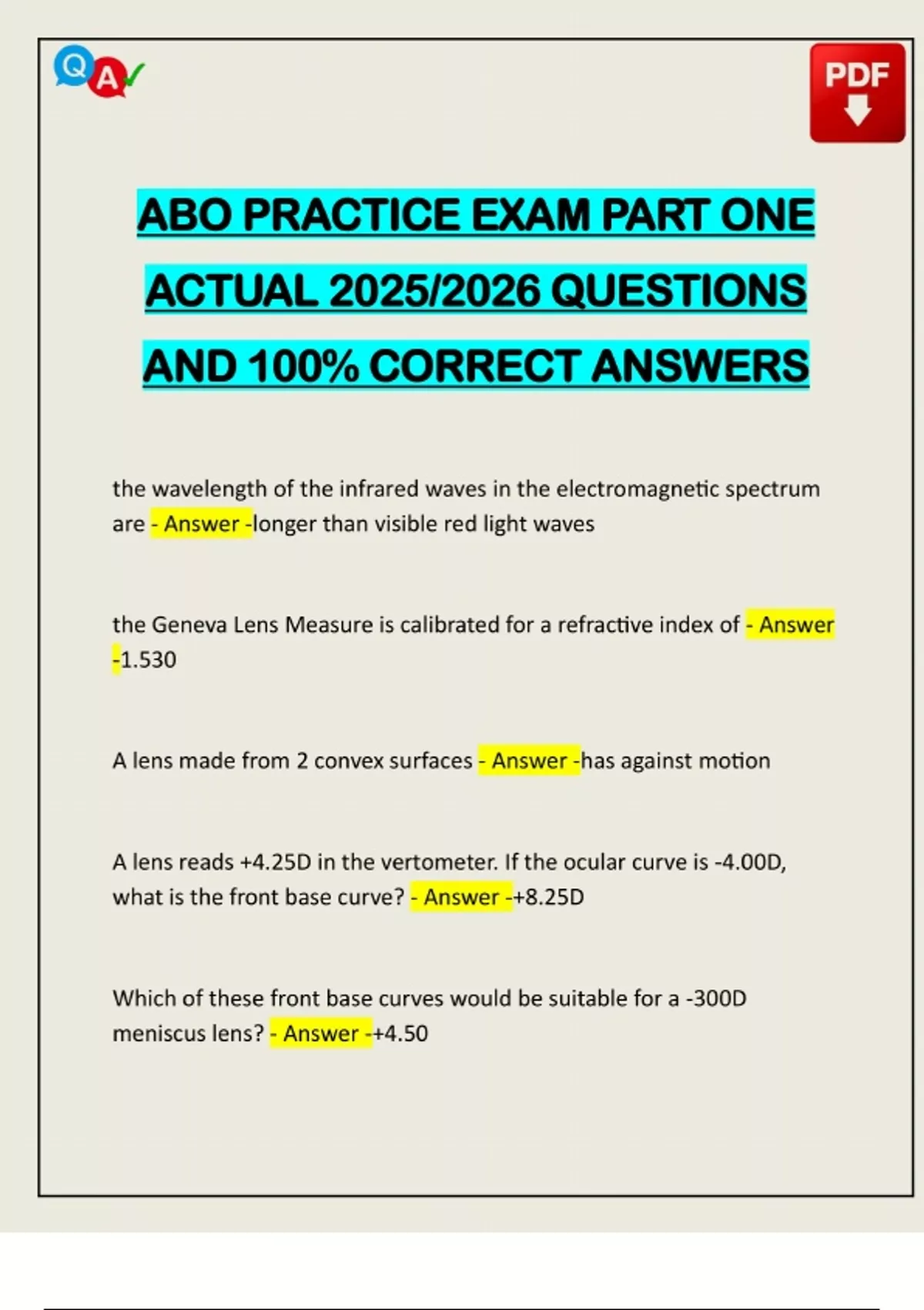 ABO PRACTICE EXAM PART ONE ACTUAL 2025/2026 QUESTIONS AND 100% CORRECT ...