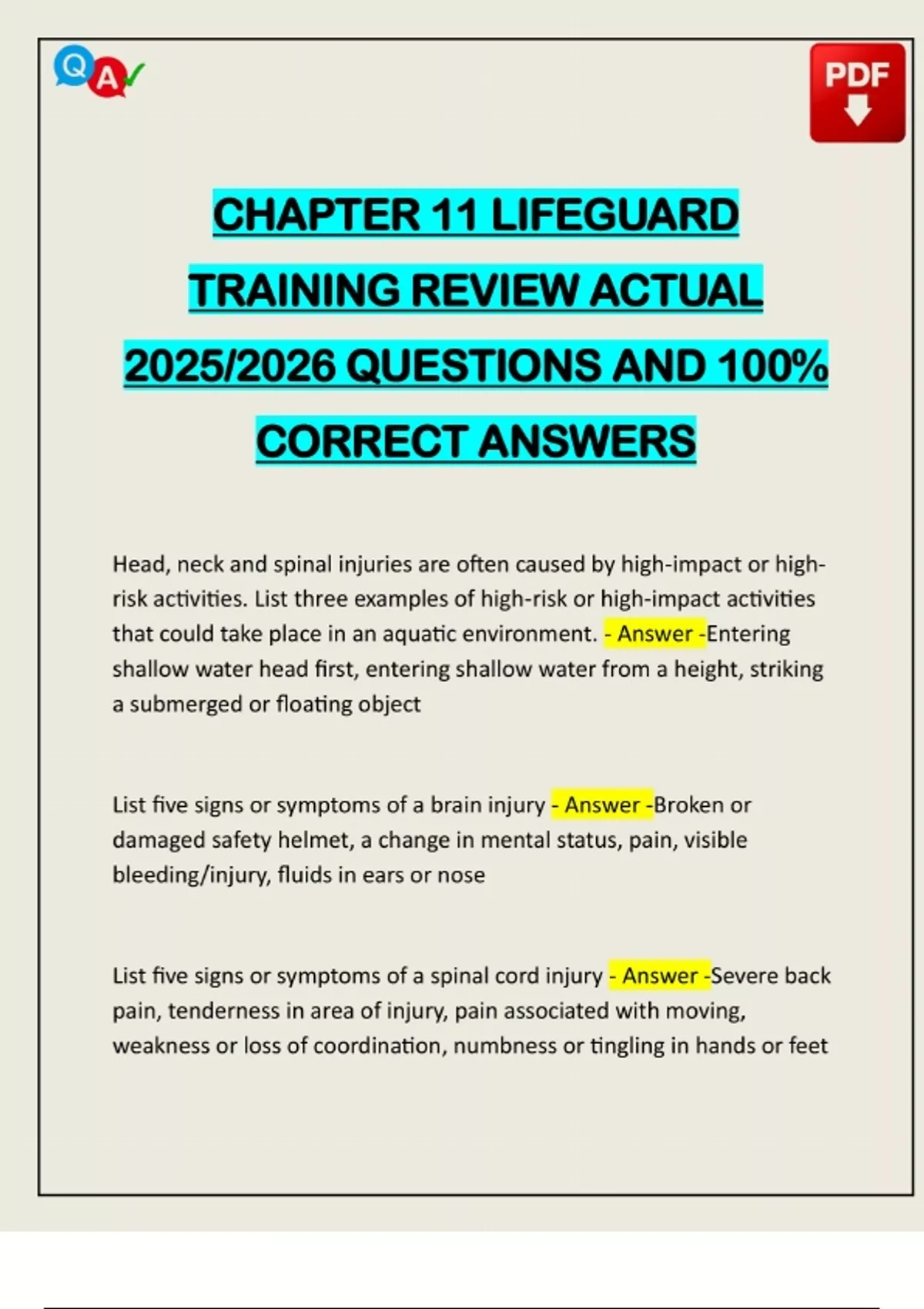 CHAPTER 11 LIFEGUARD TRAINING REVIEW ACTUAL 2025/2026 QUESTIONS AND 100 ...
