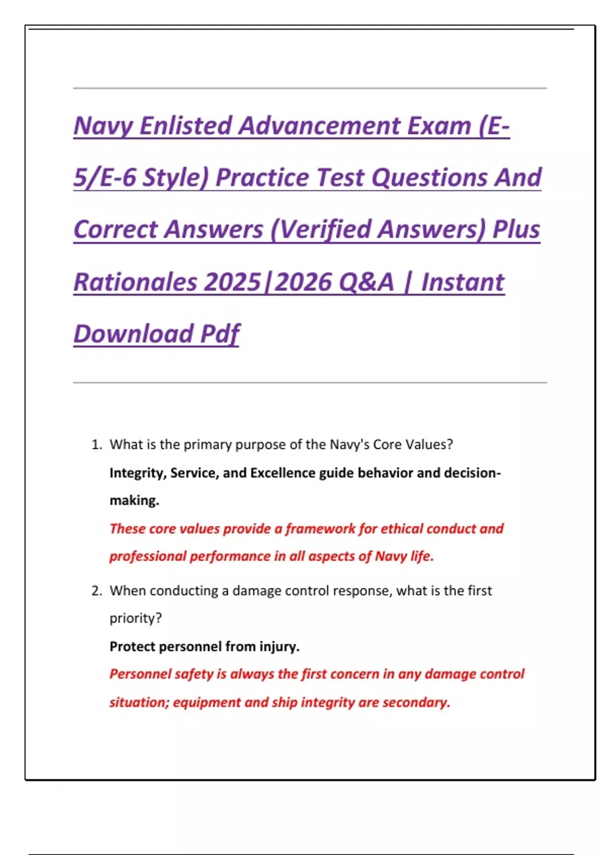 Navy Enlisted Advancement Exam (E 5/E-6 Style) Practice Test Questions ...
