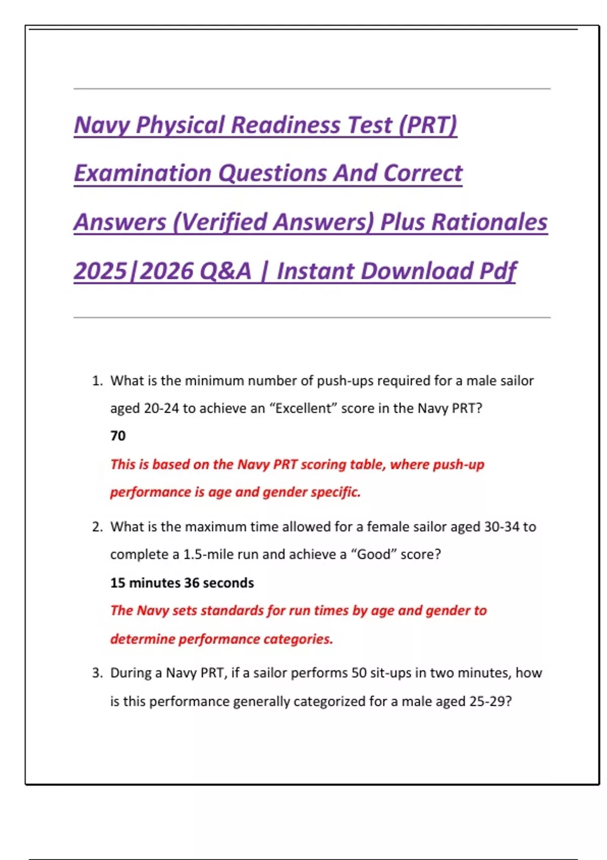 Navy Physical Readiness Test (PRT) Examination Questions And Correct ...