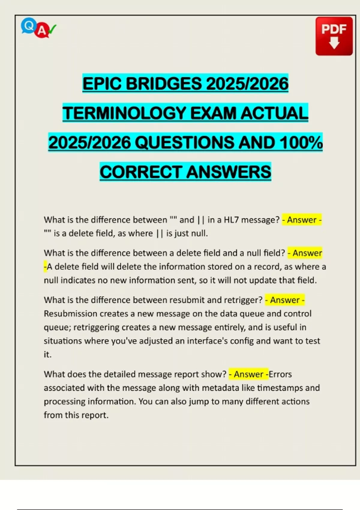 EPIC BRIDGES 2025/2026 TERMINOLOGY EXAM ACTUAL 2025/2026 QUESTIONS AND ...