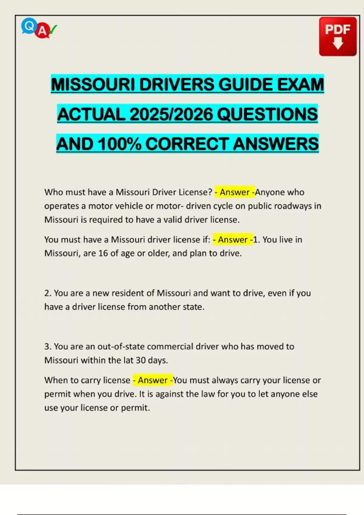 MISSOURI DRIVERS GUIDE EXAM ACTUAL 2025/2026 QUESTIONS AND 100% CORRECT ...