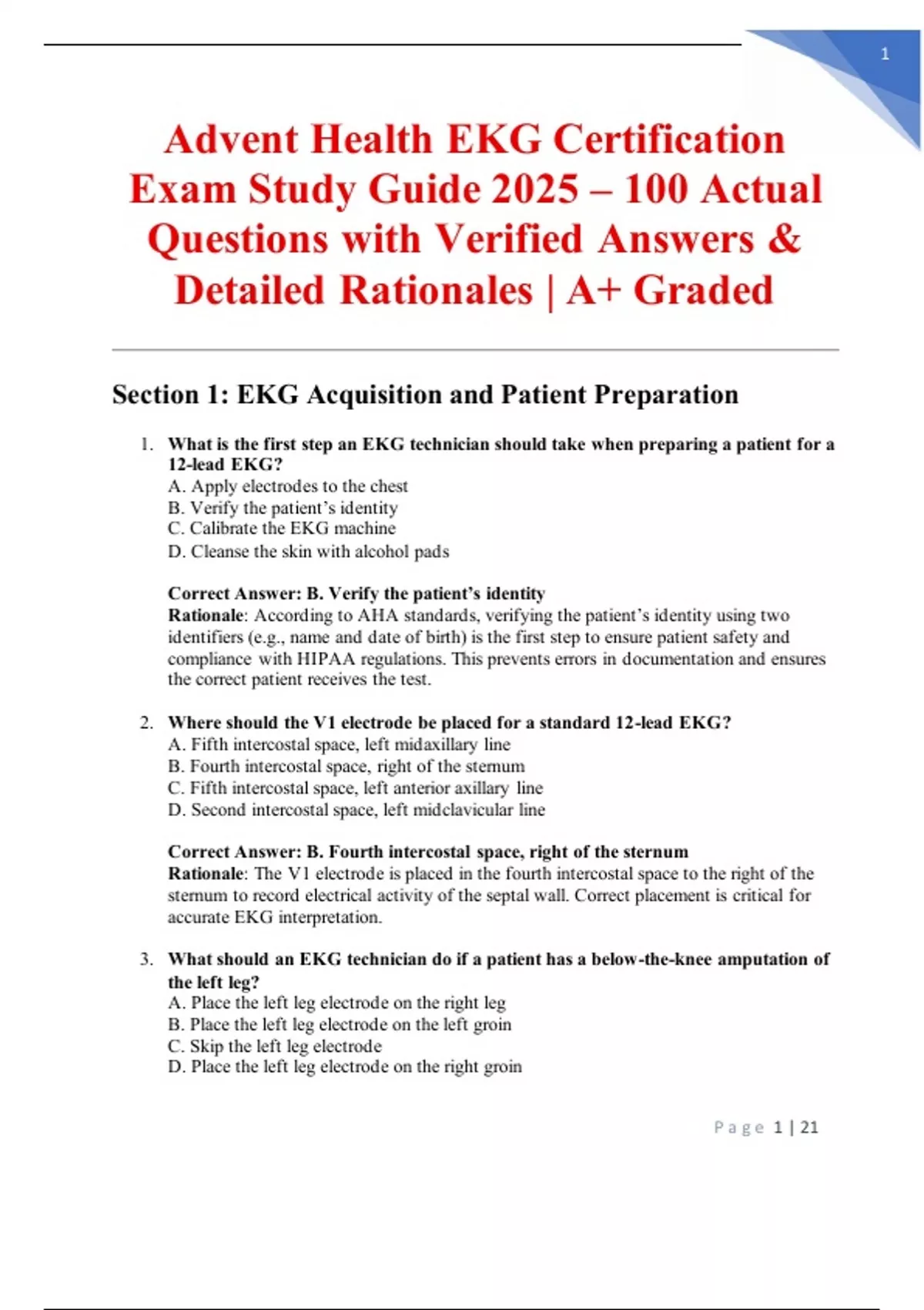 Advent Health EKG Certification Exam Study Guide 2025 – 100 Actual ...