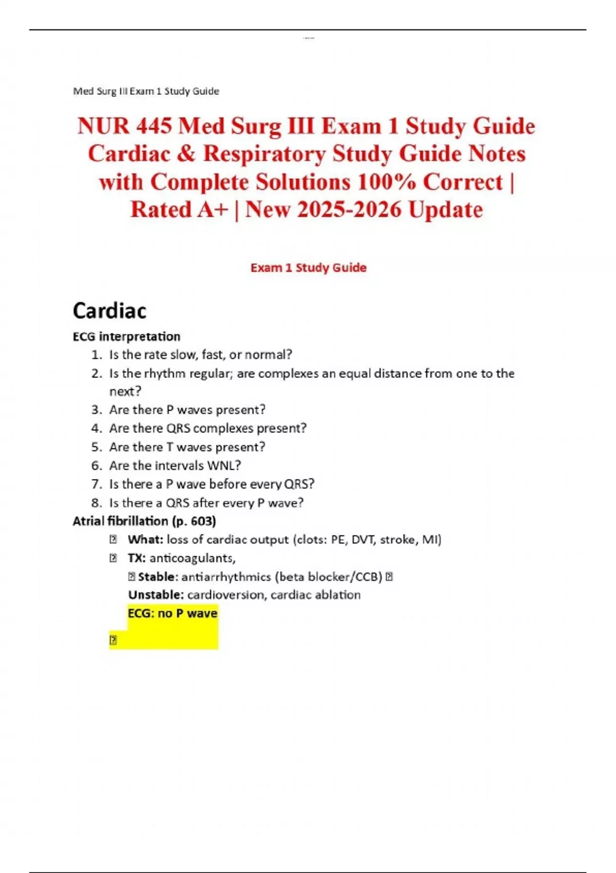 NUR 445 Med Surg III Exam 1 Study Guide Cardiac & Respiratory Study ...