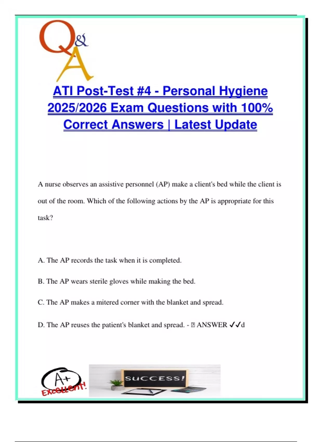 ATI Post-Test #4 – Personal Hygiene | 2025/2026 Nursing Exam | 20 ...