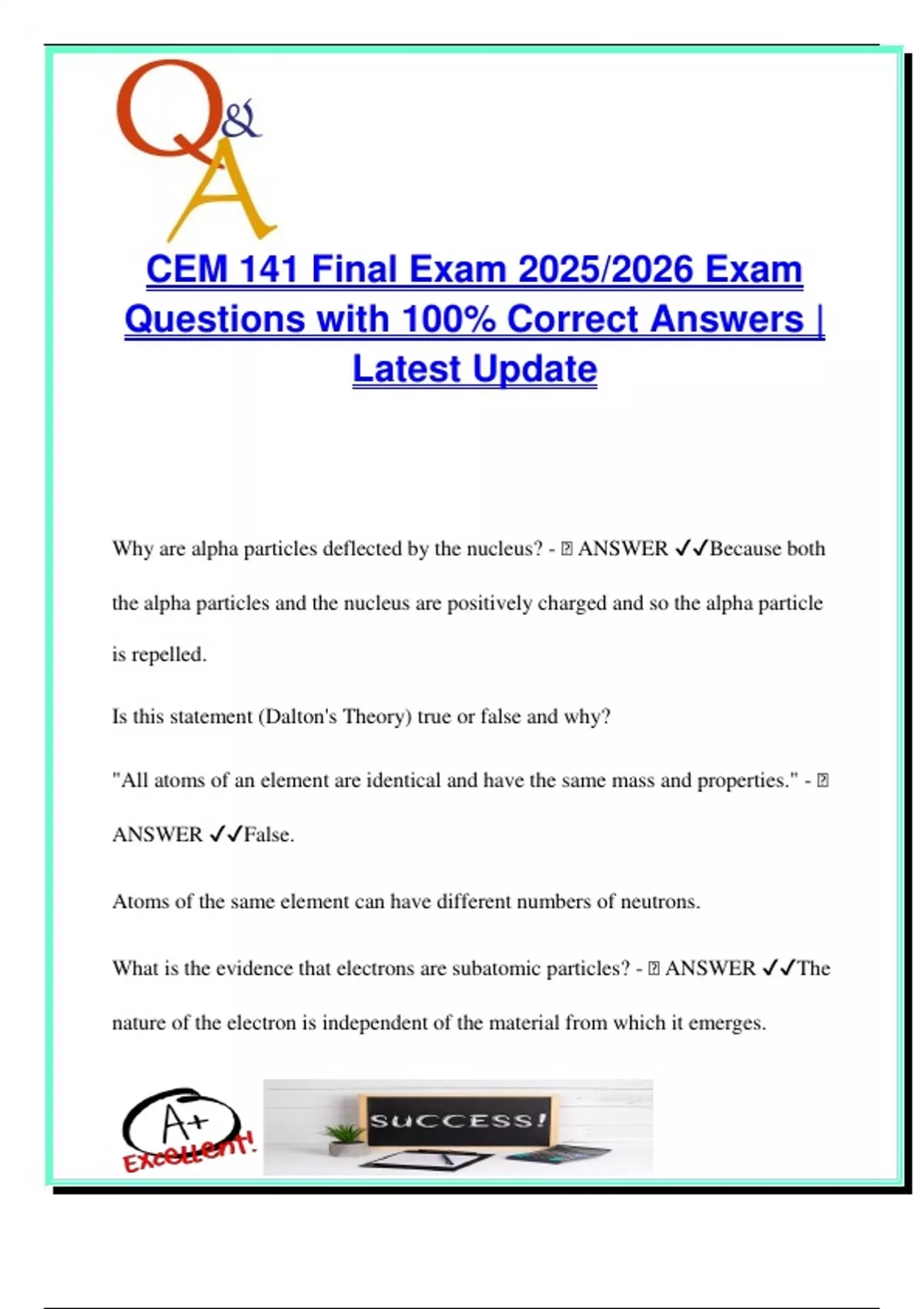 CEM 141 Final Exam – Michigan State University | 2025/2026 | 100+ Verified Q&A | Atomic Theory ...