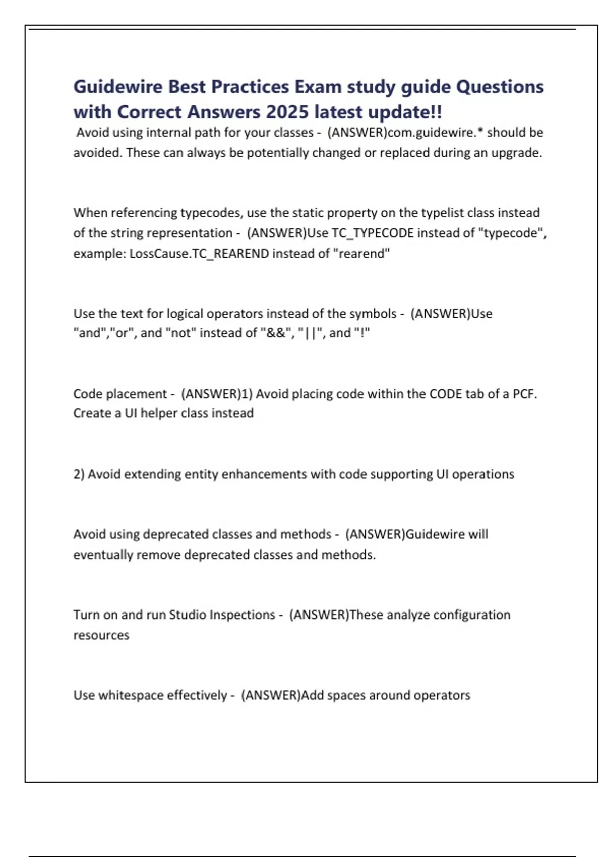 Guidewire Best Practices Exam study guide Questions with Correct ...