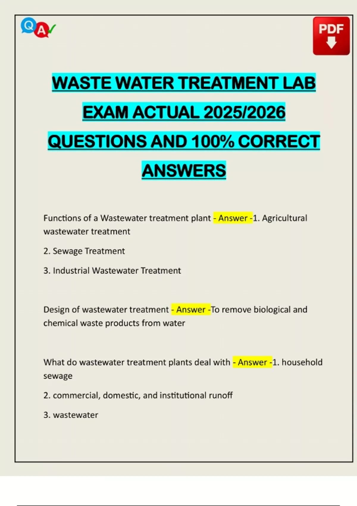 WASTE WATER TREATMENT LAB EXAM ACTUAL 2025/2026 QUESTIONS AND 100% ...