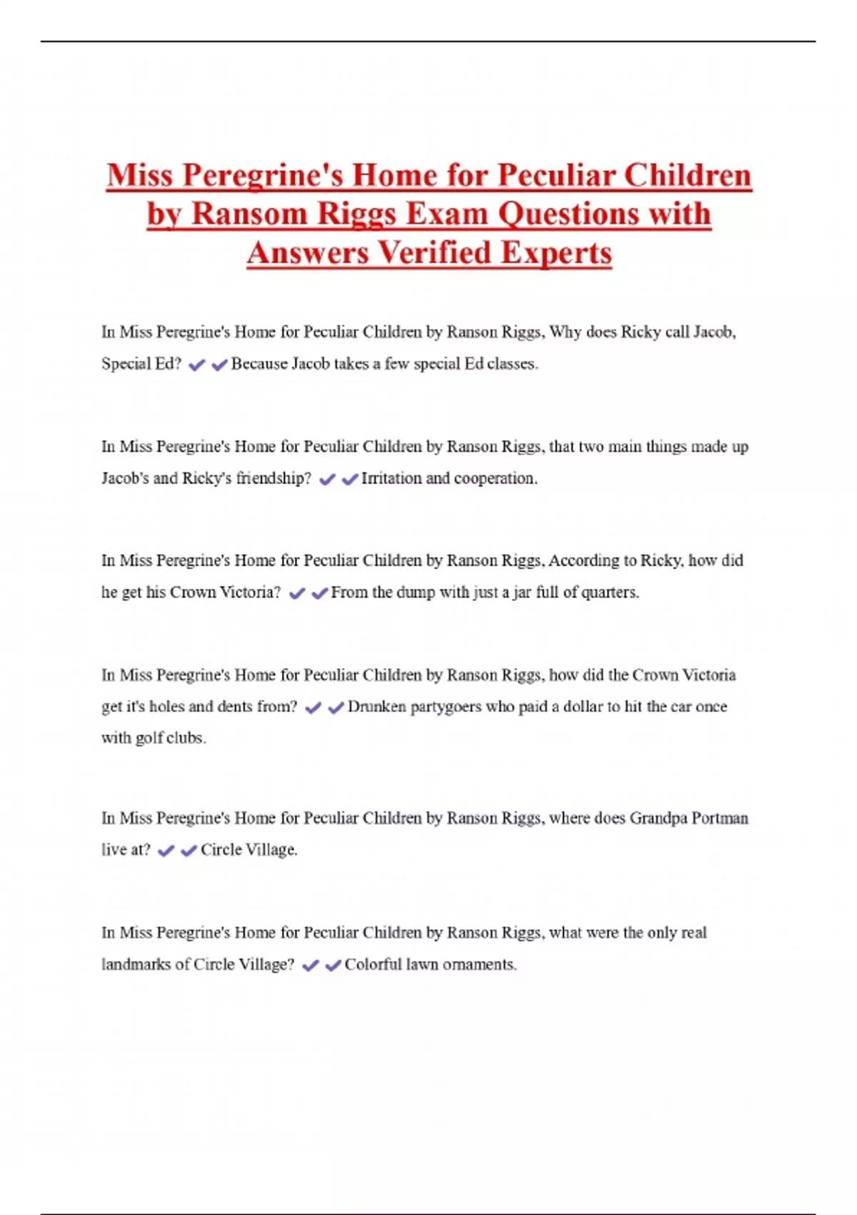 Miss Peregrine's Home for Peculiar Children by Ransom Riggs Exam ...