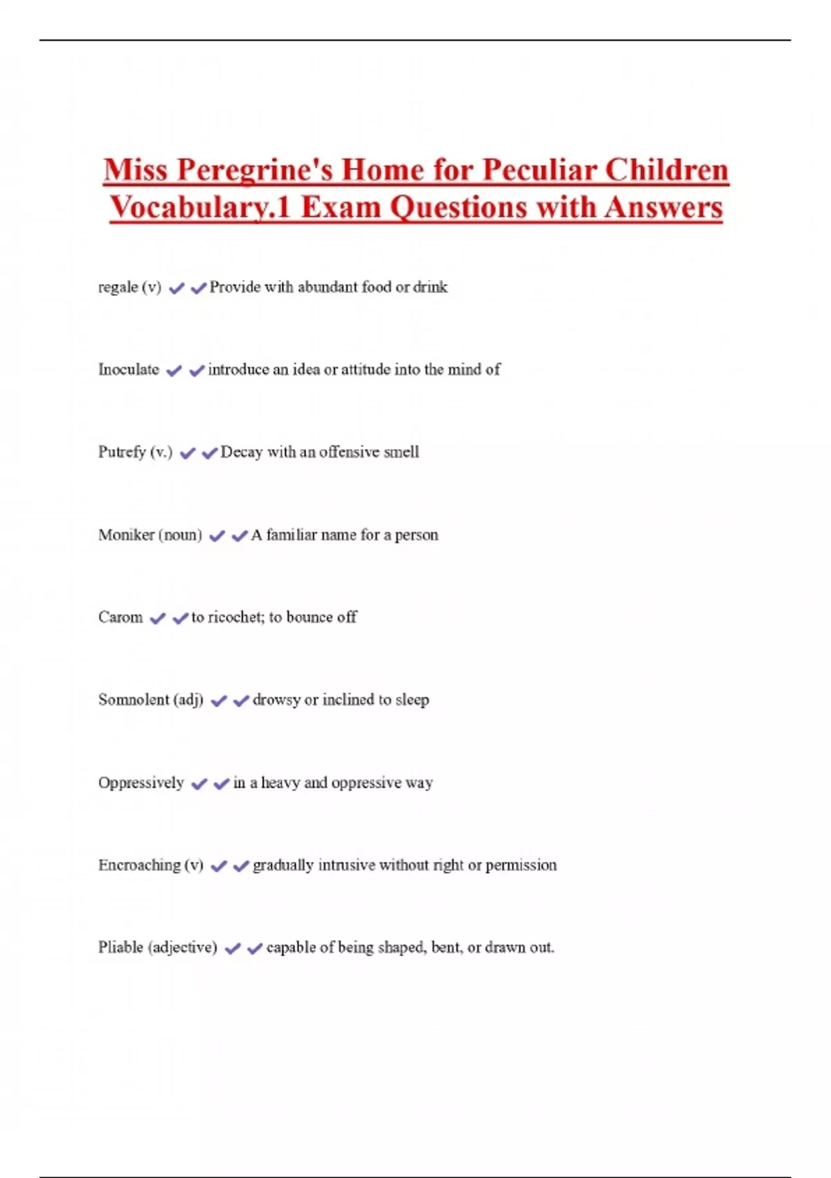 Miss Peregrine's Home for Peculiar Children Vocabulary.1 Exam Questions ...