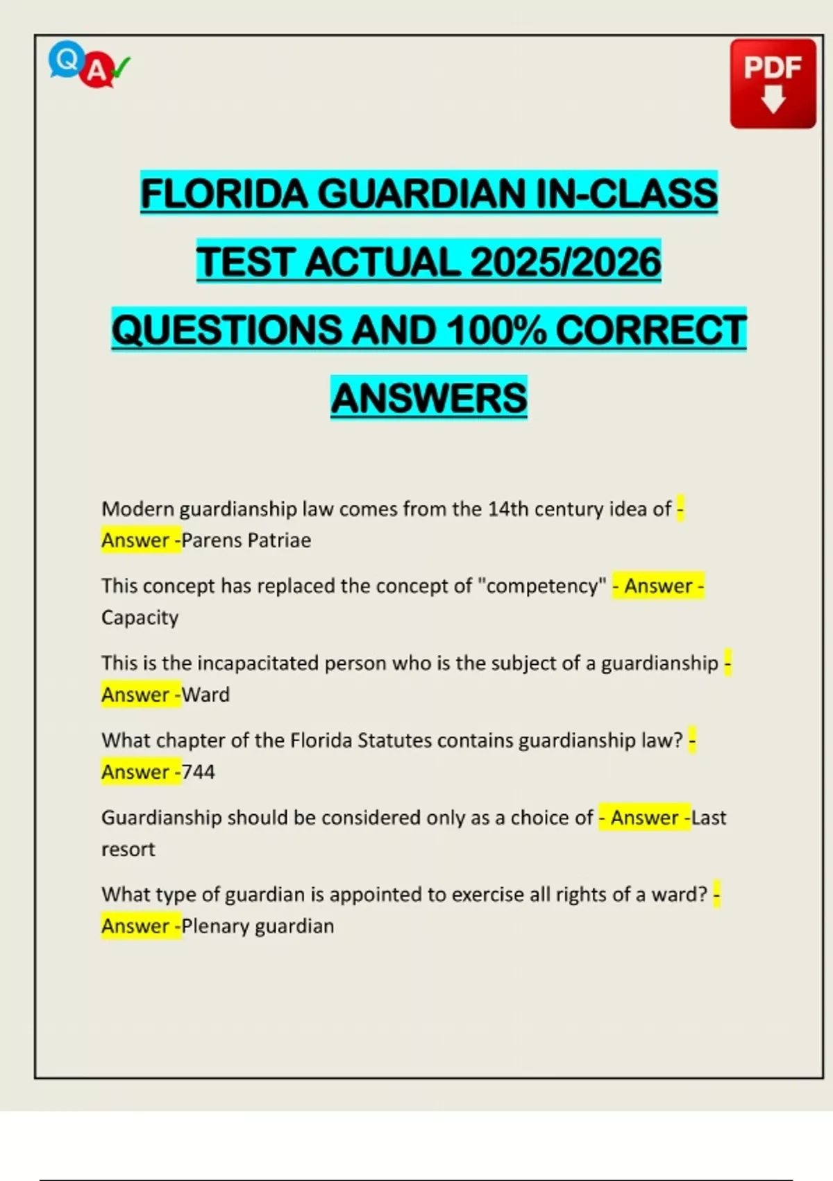 FLORIDA GUARDIAN IN-CLASS TEST ACTUAL 2025/2026 QUESTIONS AND 100% ...