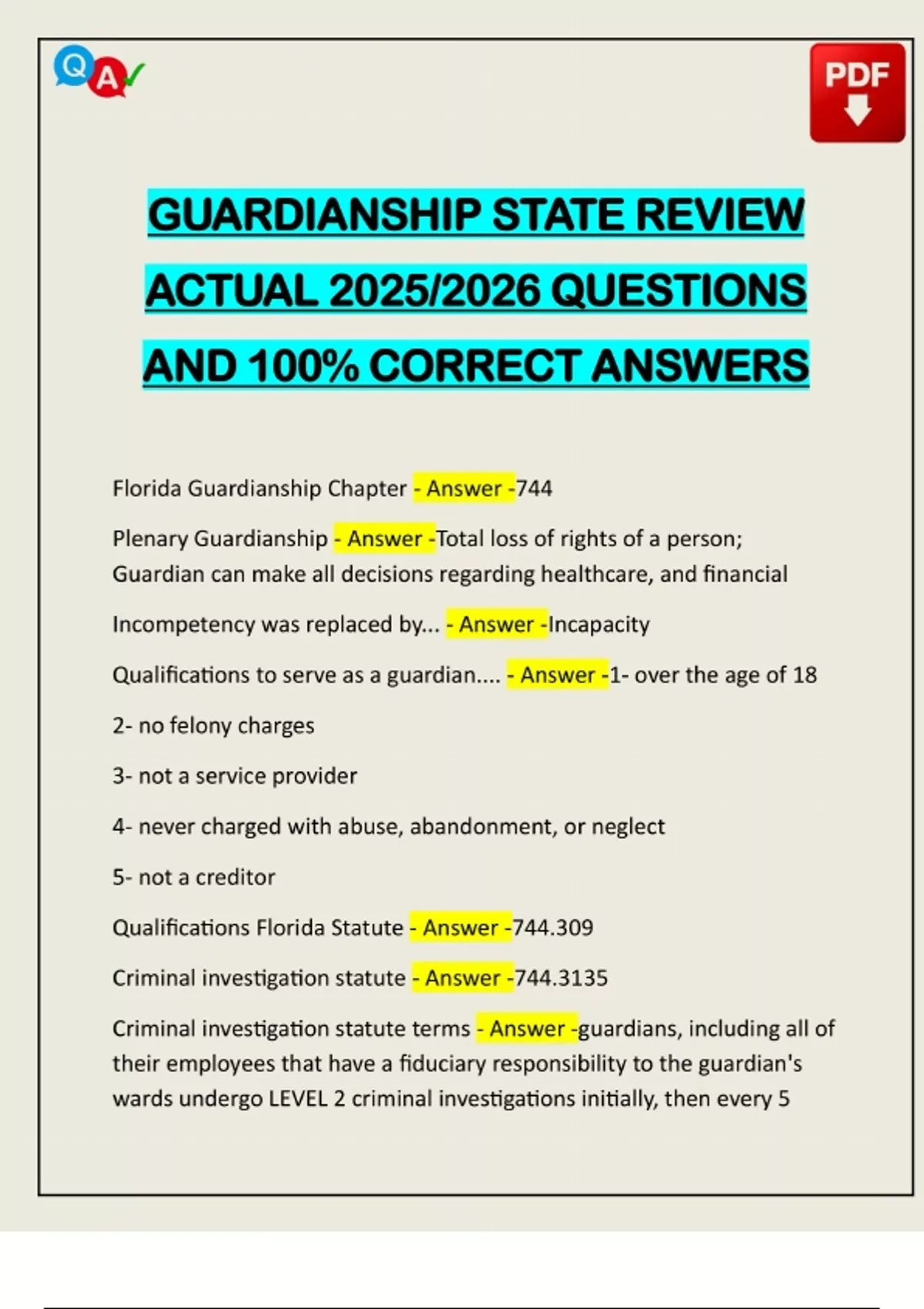 GUARDIANSHIP STATE REVIEW ACTUAL 2025/2026 QUESTIONS AND 100% CORRECT ...
