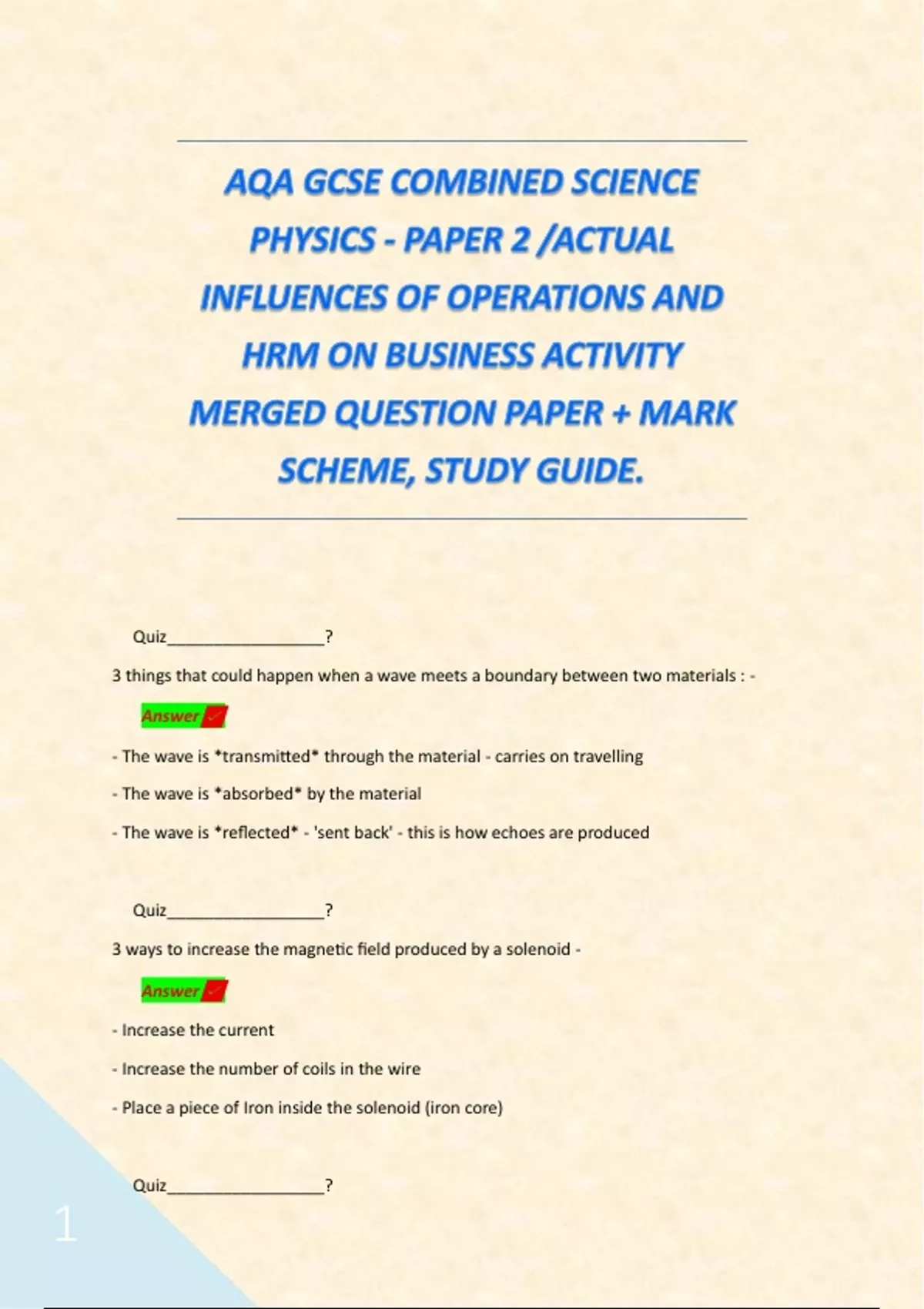 AQA GCSE COMBINED SCIENCE PHYSICS - PAPER 2 / Updated Questions with ...