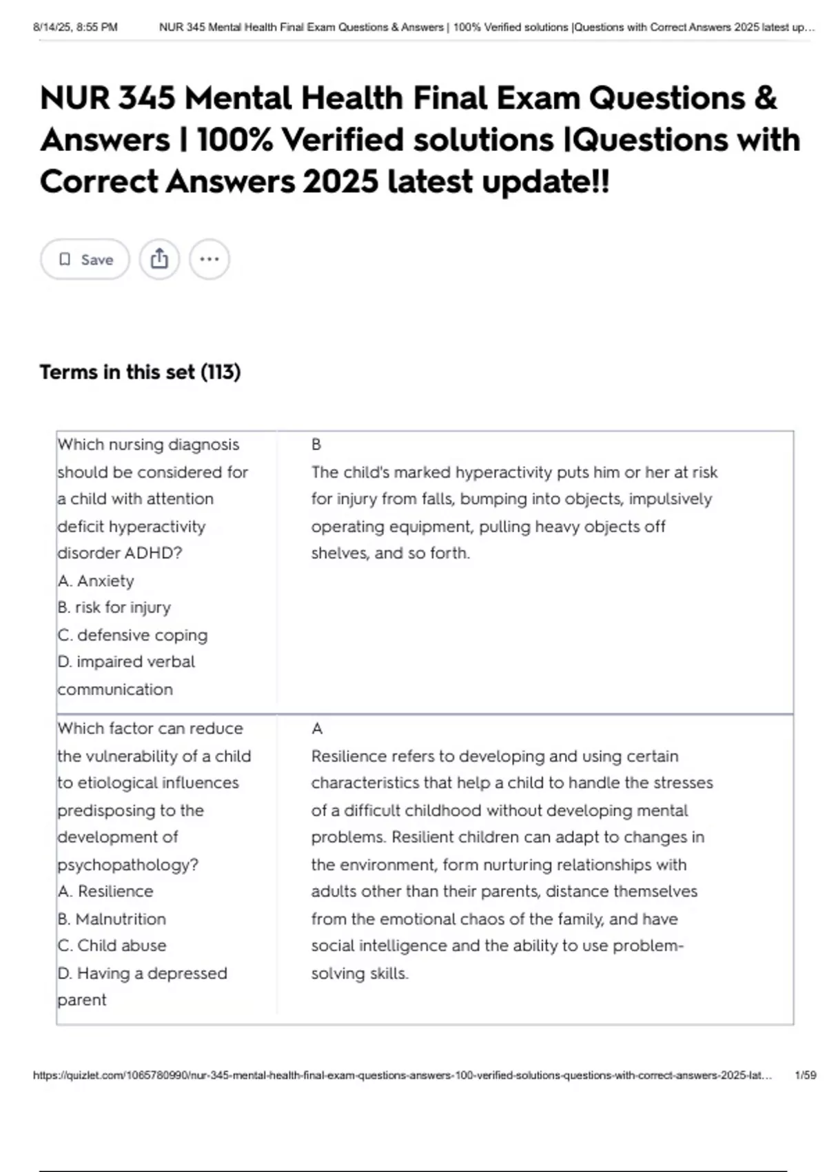 NUR 345 Mental Health Final Exam Questions & Answers | 100% Verified solutions |Questions with ...