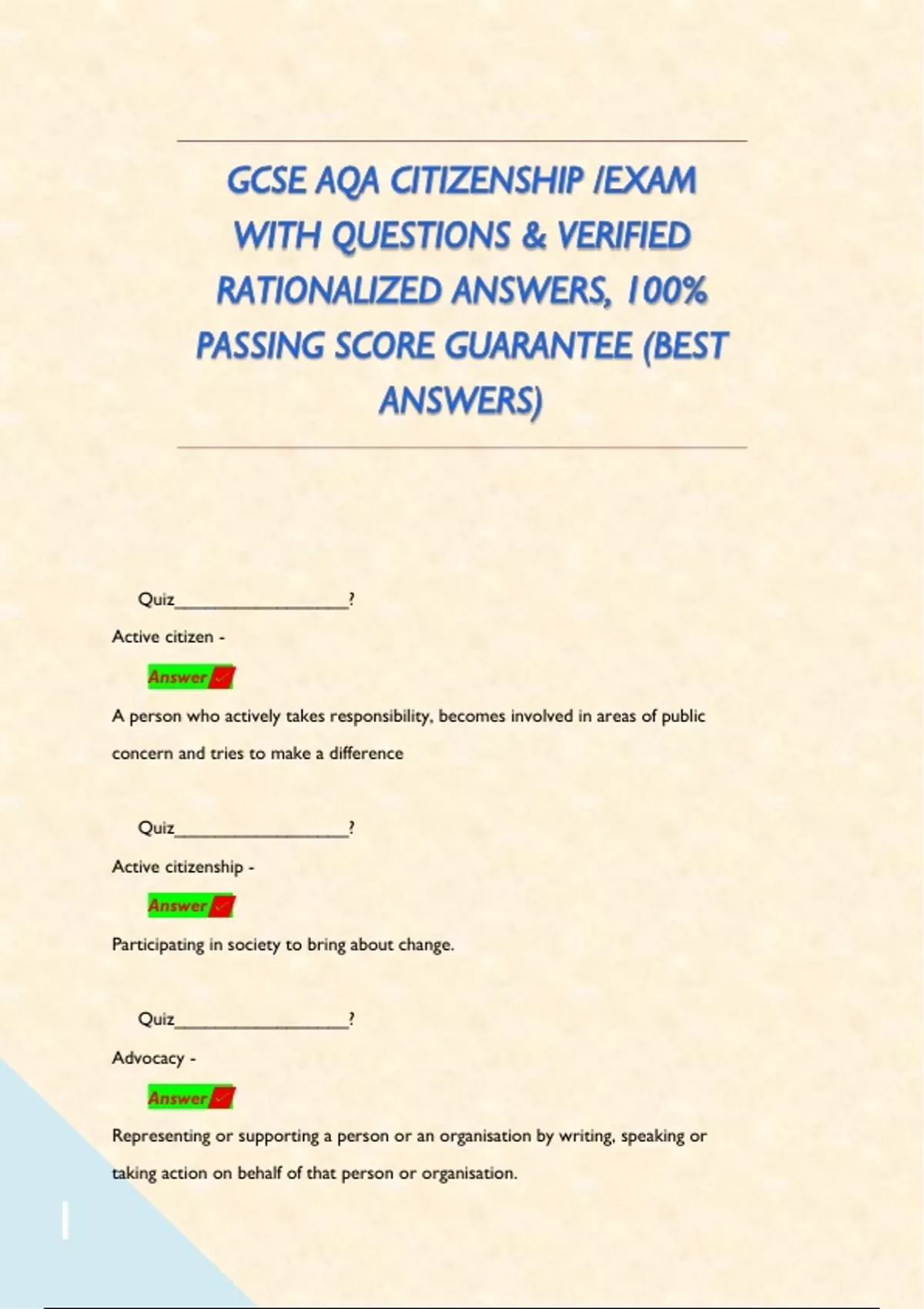 GCSE AQA CITIZENSHIP /EXAM WITH QUESTIONS & VERIFIED RATIONALIZED ...